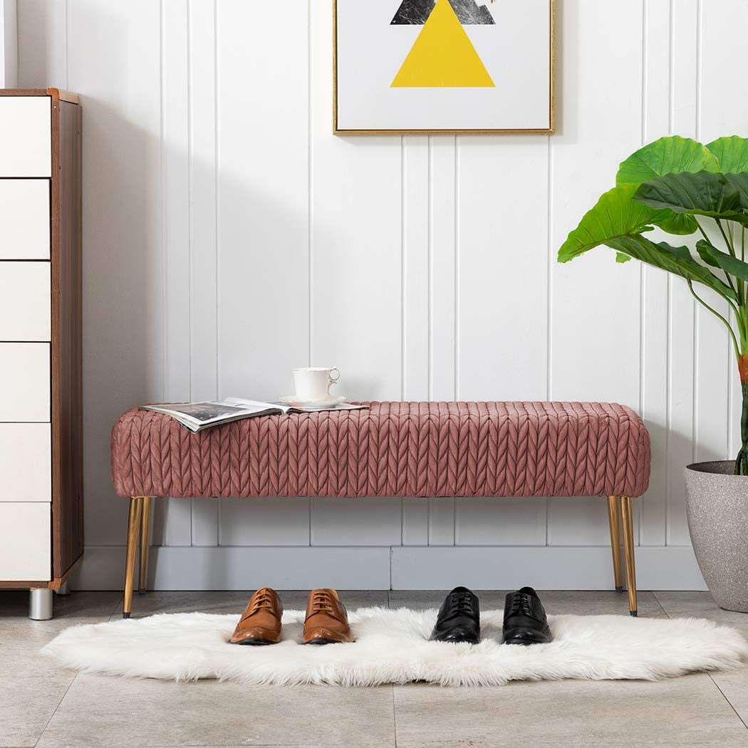 DUHOME Modern Quilt Velvet Ottoman Bench, Upholstered Entryway Bench ...