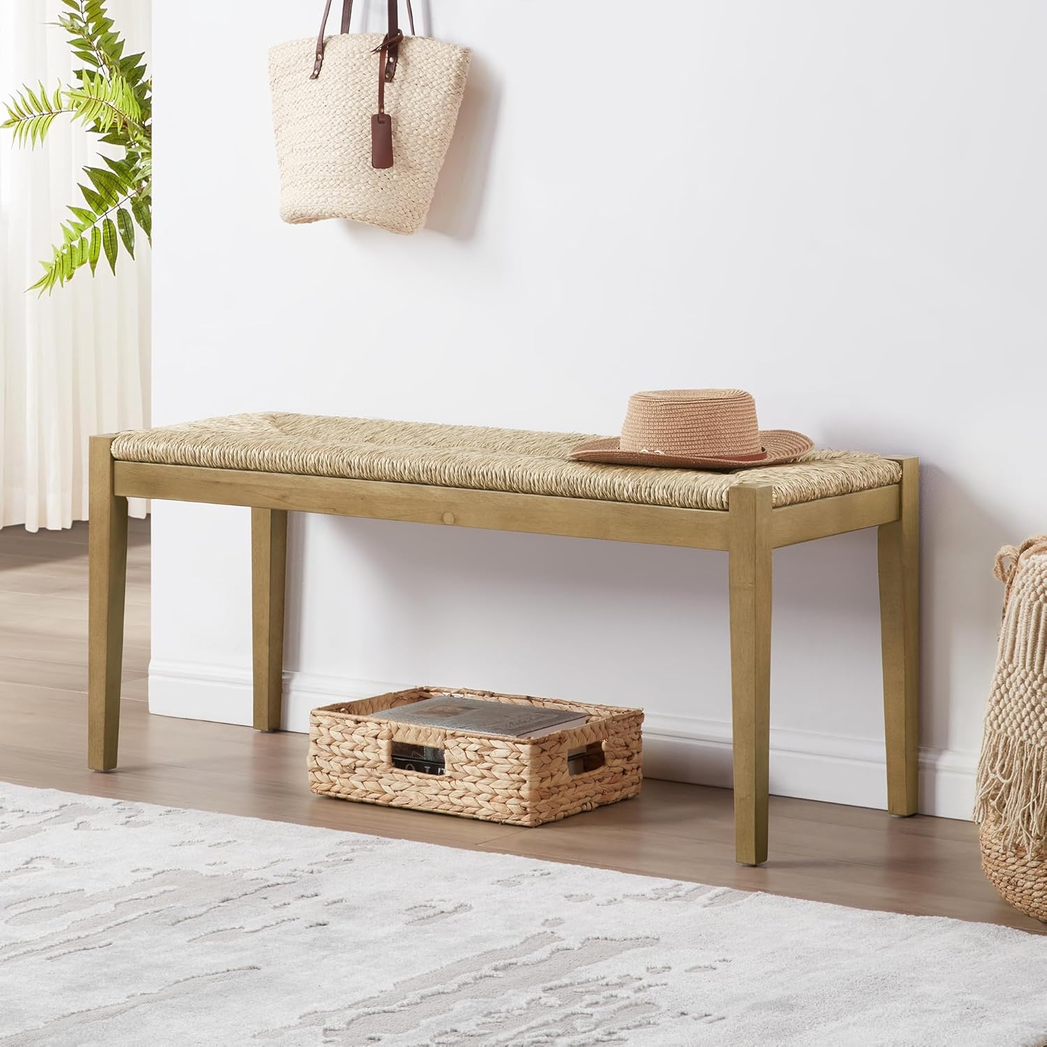 DUHOME Solid Wood Seagrass Bench with Natural Woven Seat, Boho Bench ...