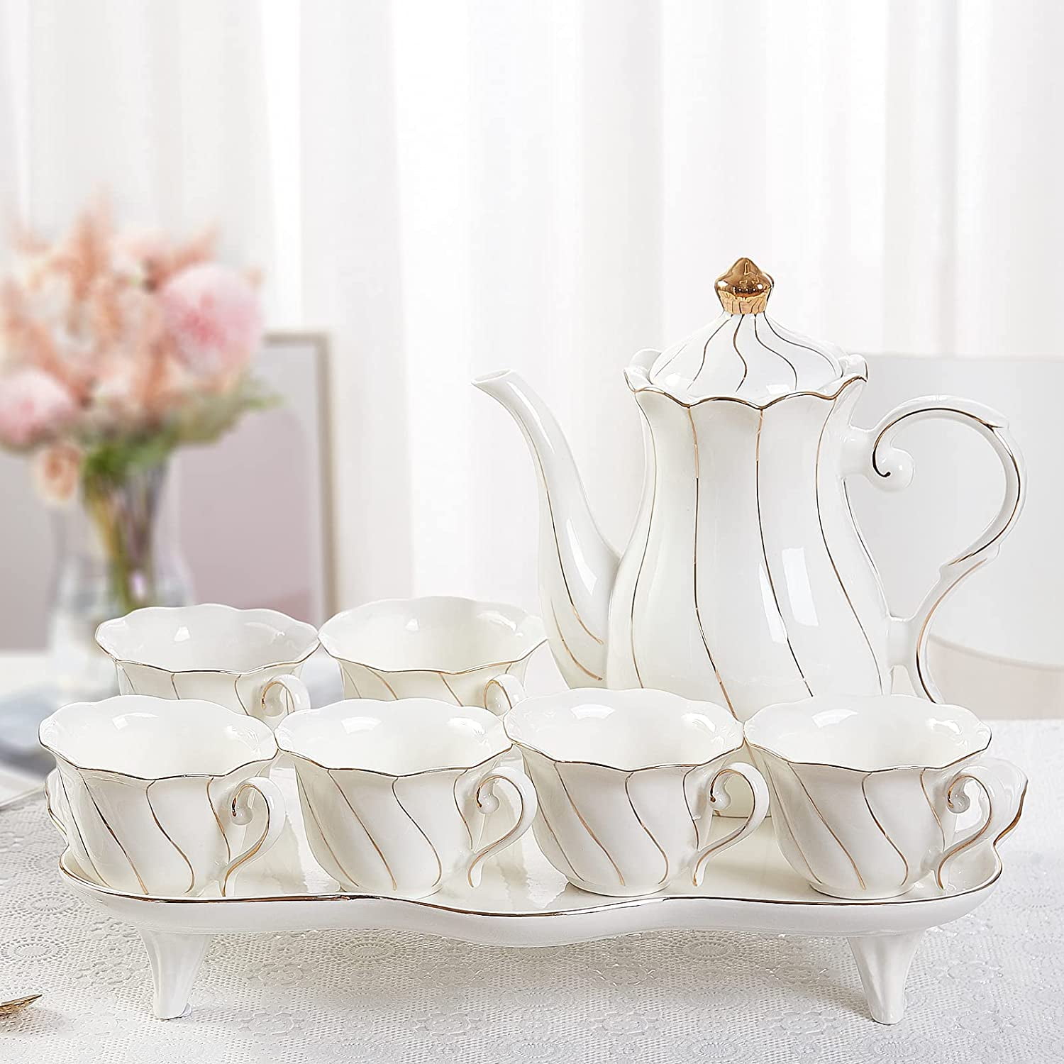 DUJUST Porcelain 14 pcs Tea/Coffee Serving Set for 6 - Luxury British ...