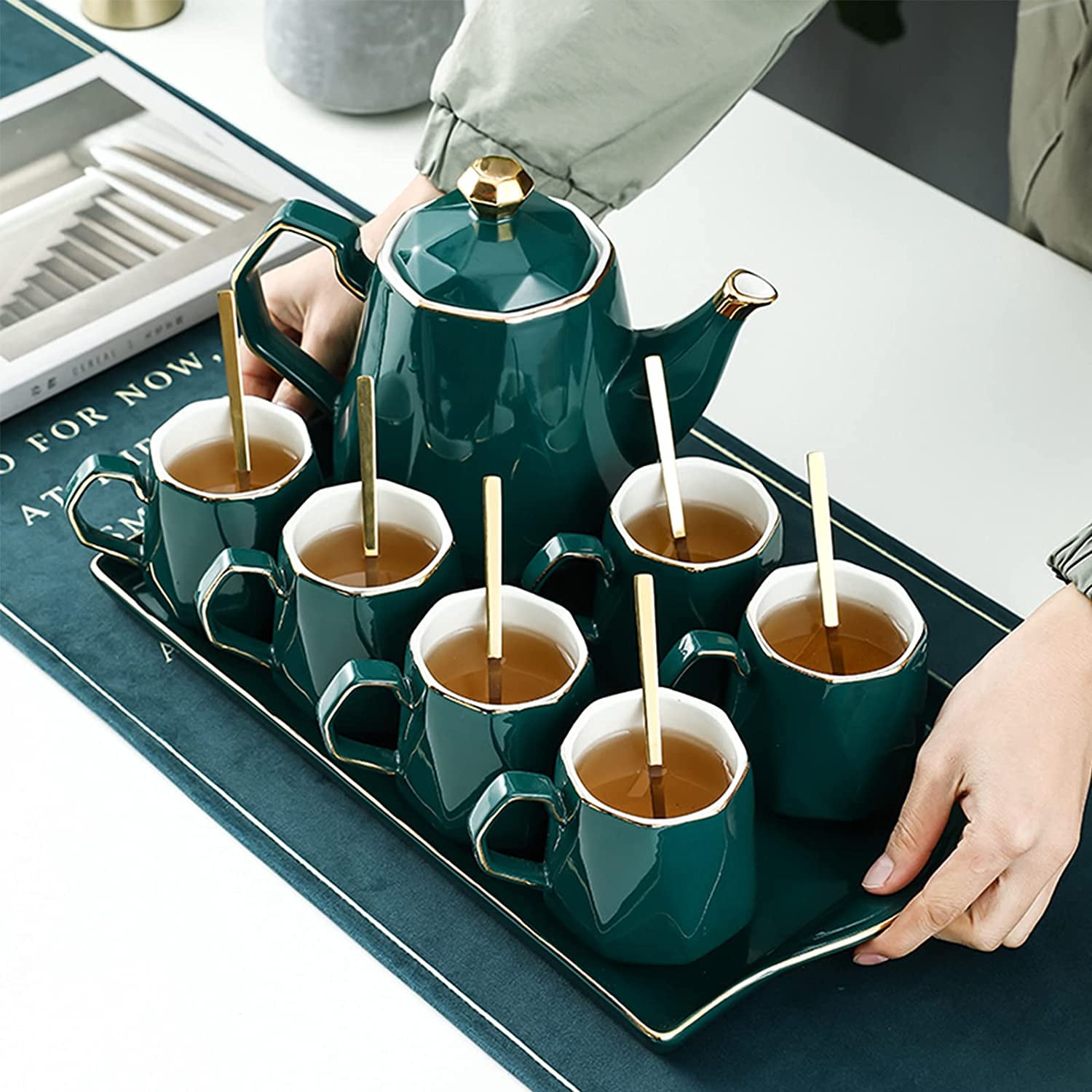 DUJUST 14 pcs Tea Set of 6 with Tea Tray & Spoons, Modern Diamond ...