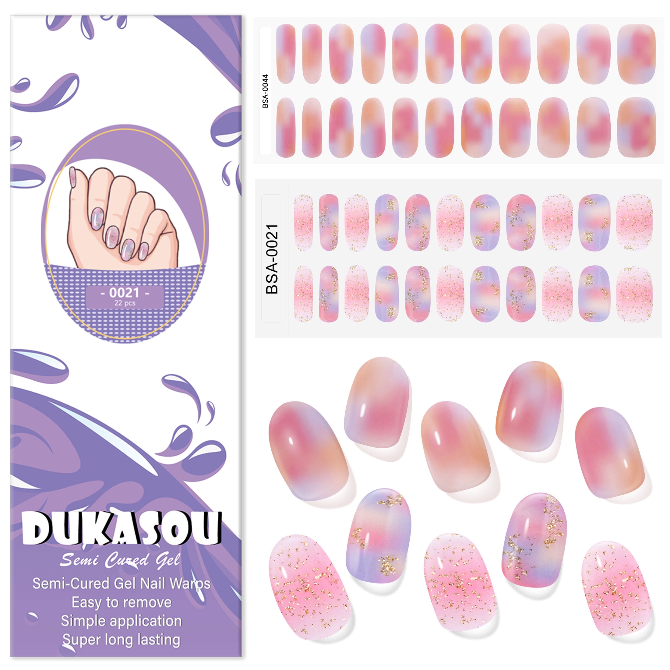 DUKASOU 44Pcs Upgraded Gloss Gel Nail Polish Strips UV Free, Pink ...