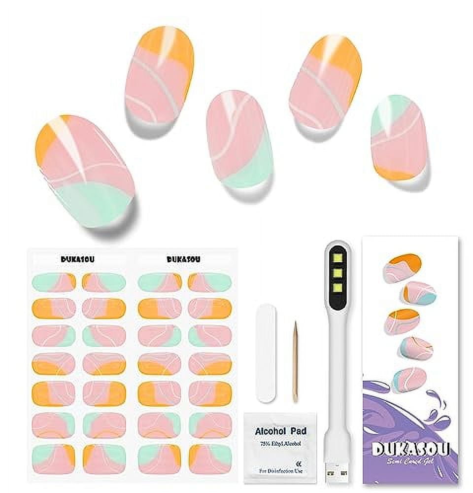 DUKASOU Semi Cured Gel Nail Strips, 28pcs Real Nail Polish Art Stickers ...