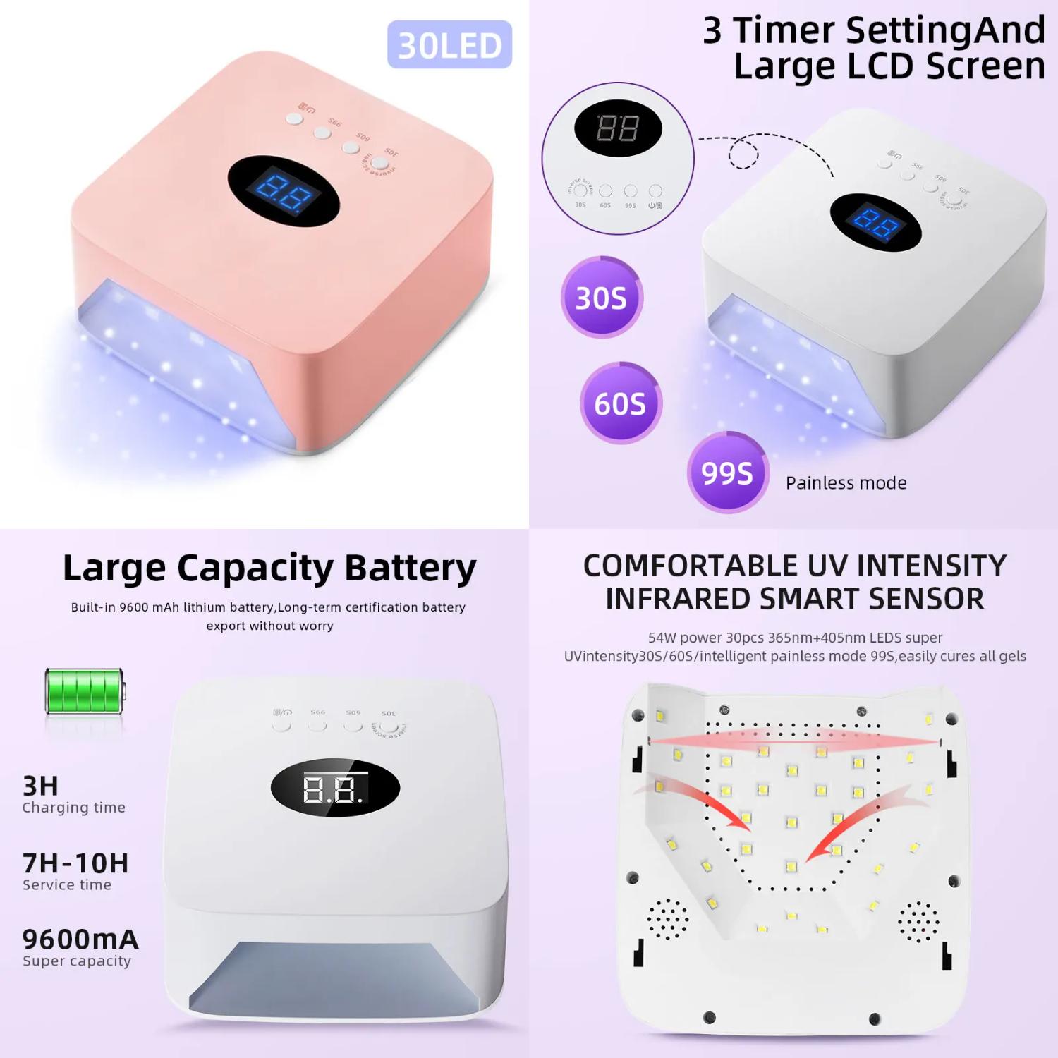 DUMNGWH 54W Nail Drying Lamp Uv Light Gel Nails With LCD Rechargeable ...