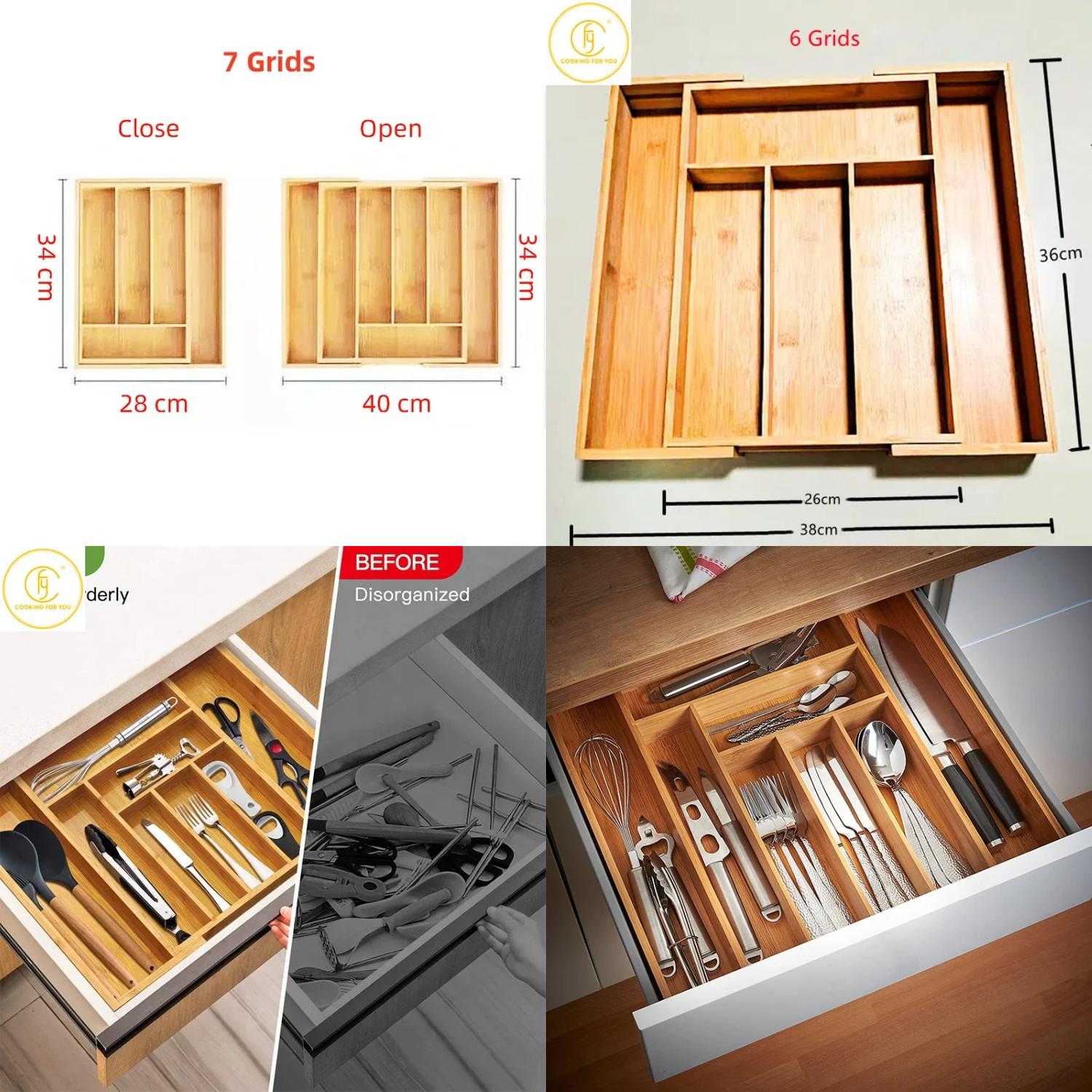 DUMNGWH Adjustable 6/7 Grids Bamboo Drawers Insert Box for Cutlery ...
