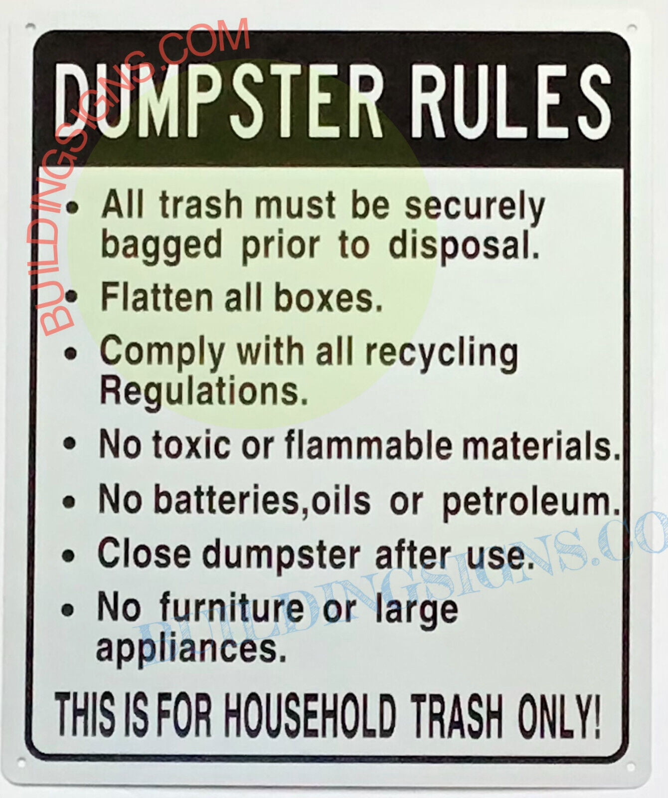 DUMPSTER RULES,HOUSEHOLD TRASH ONLY SIGN(10x12,WHITE,ALUMINUM ...