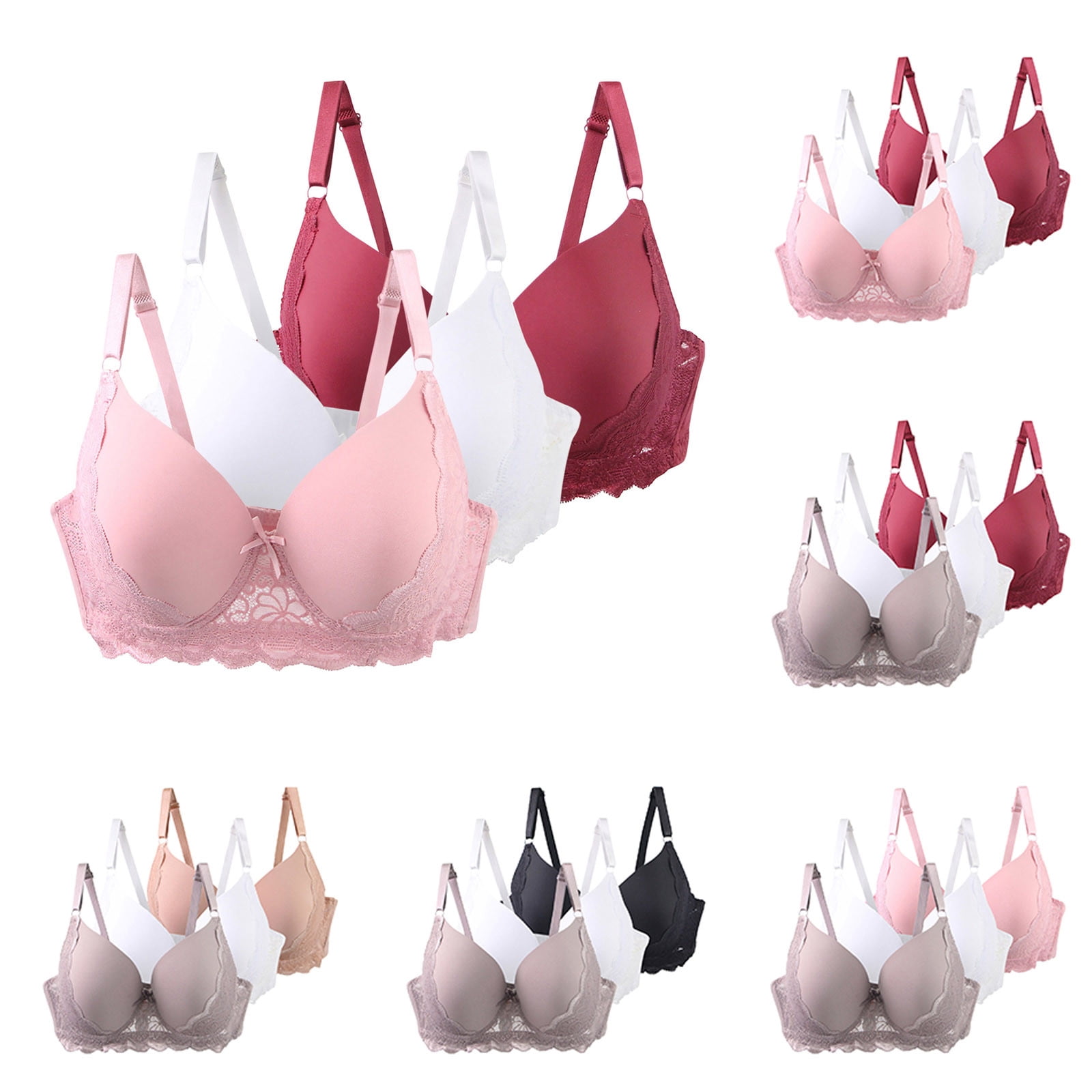 DUMUIELD 3pc Underwire Push Up Lace Bralette for Women Full Coverage Bra Anti Sagging Comfort ...