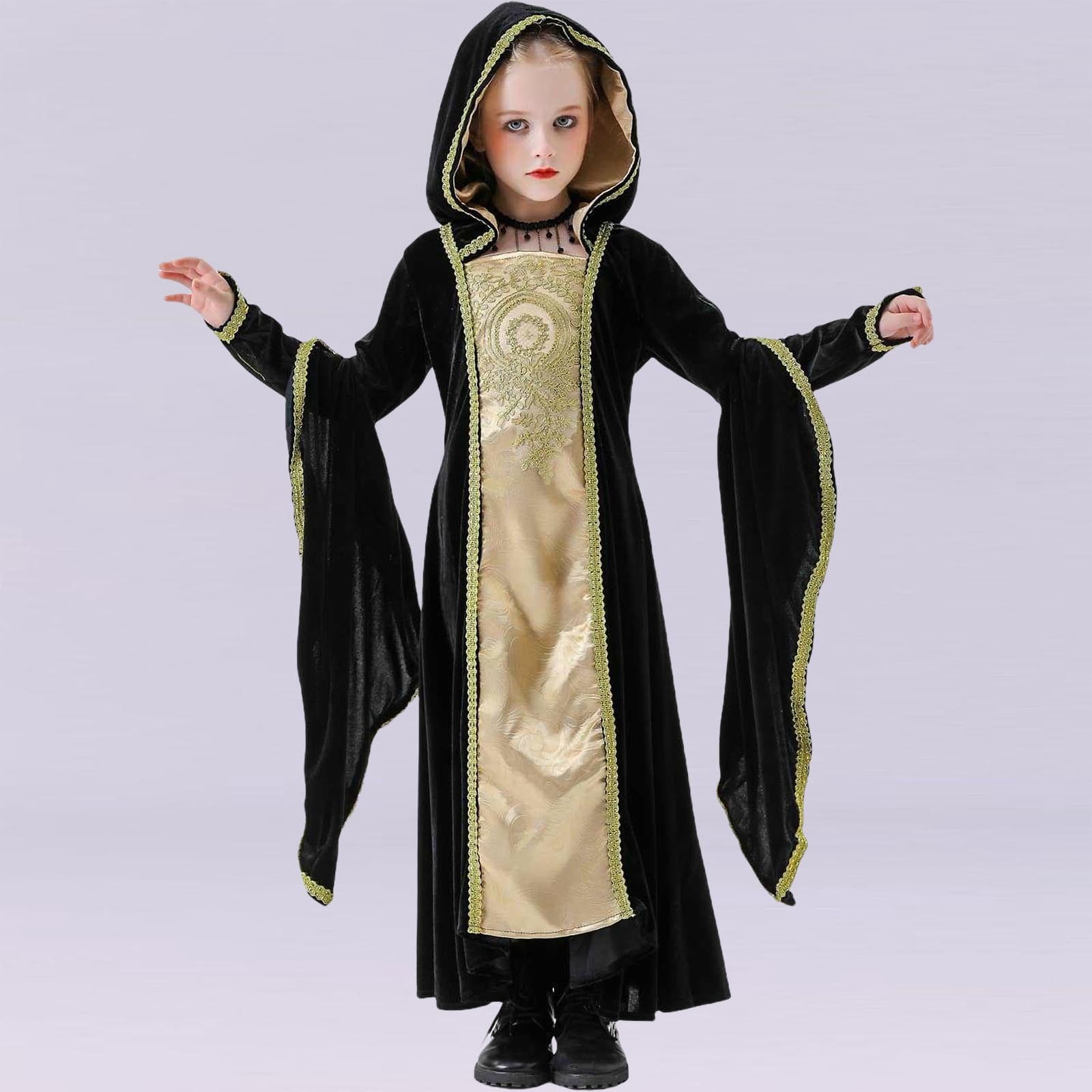 DUMUIELD 5-12Years Girls Dresses Vintage Hooded Robe Dress Role Play ...