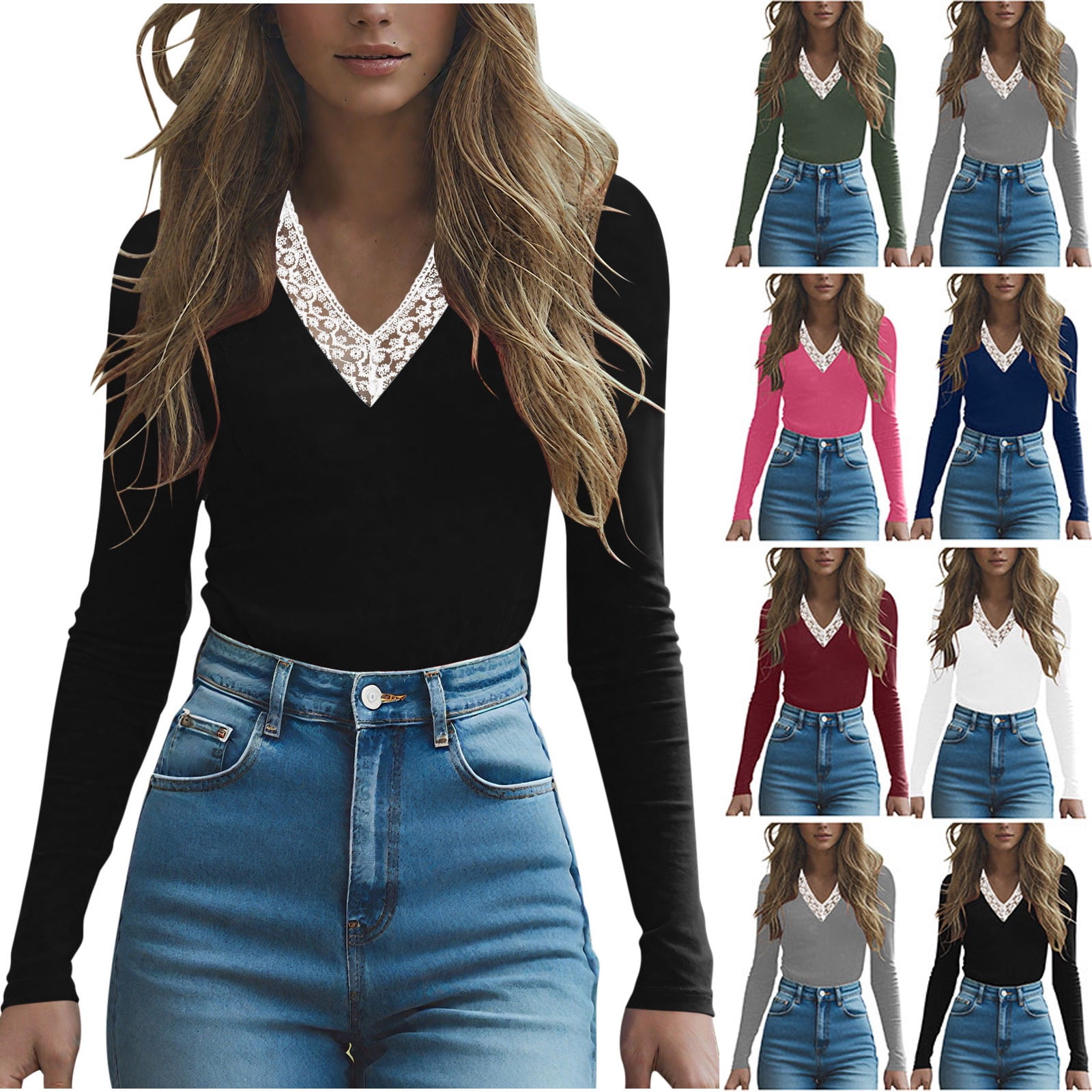 DUMUIELD Lace Tops for Women 2025 V Neck Long Sleeve Slim Fitted Shirts ...
