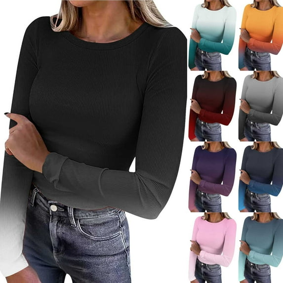 DUMUIELD Long Sleeve T Shirts for Women Crewneck Ribbed Knit Shirts Slim Fitted Casual Basic Tee ...