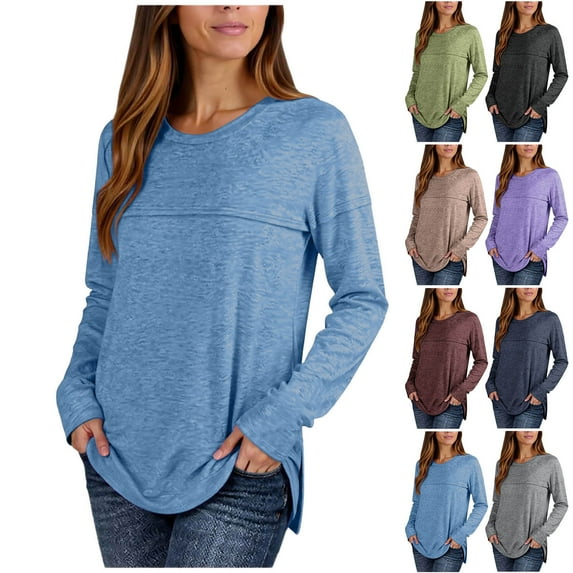 DUMUIELD Long Sleeve Womens Tops Crewneck Solid Color Tunic Shirts ...
