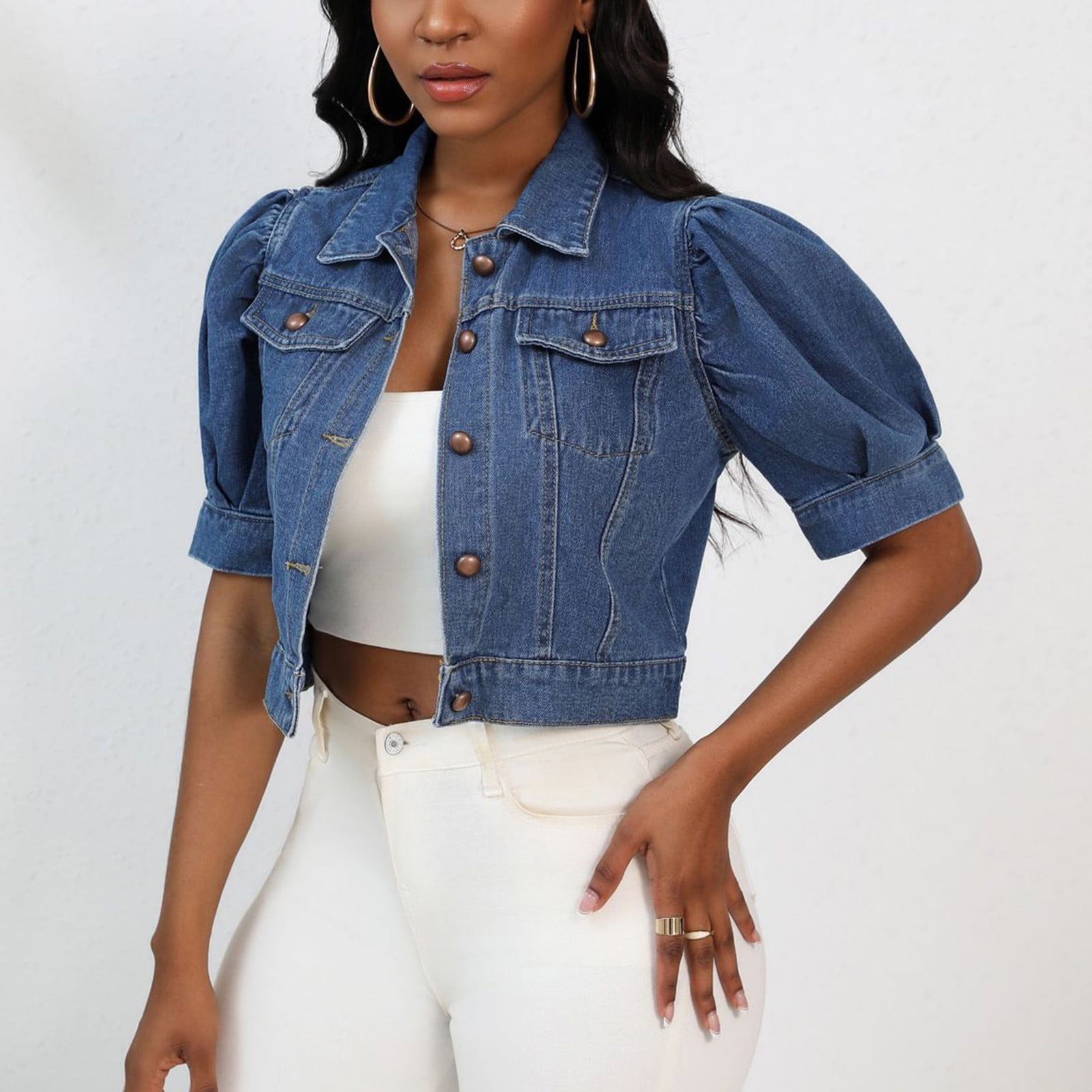 DUMUIELD Puff Short Sleeve Denim Jacket for Women Summer Cropped Jean ...