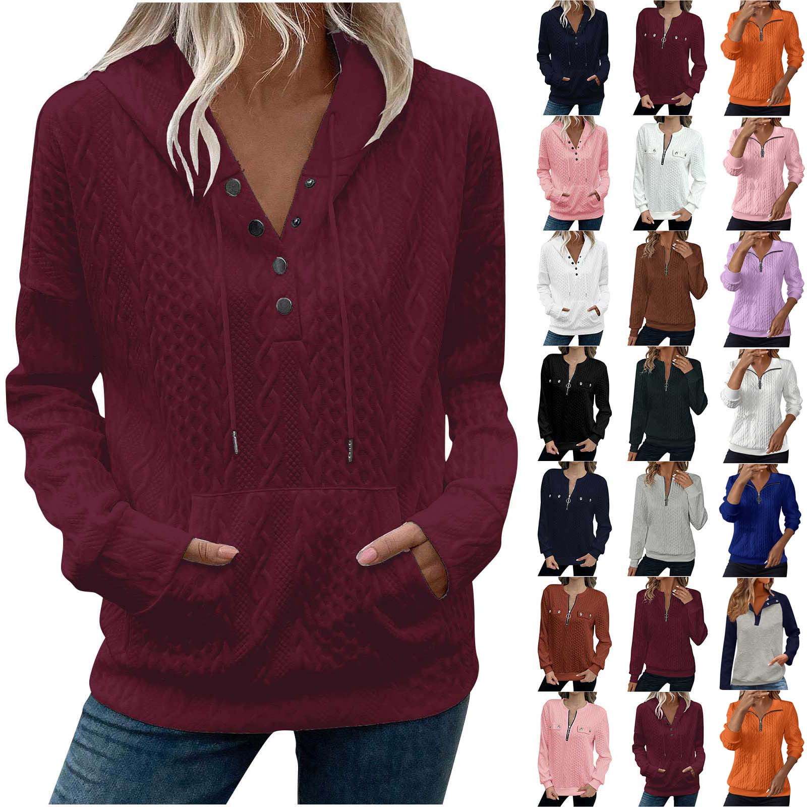DUMUIELD Quarter Snap Sweatshirt for Women Button Up Hoodie Drawstring Lightweight Long Sleeve ...