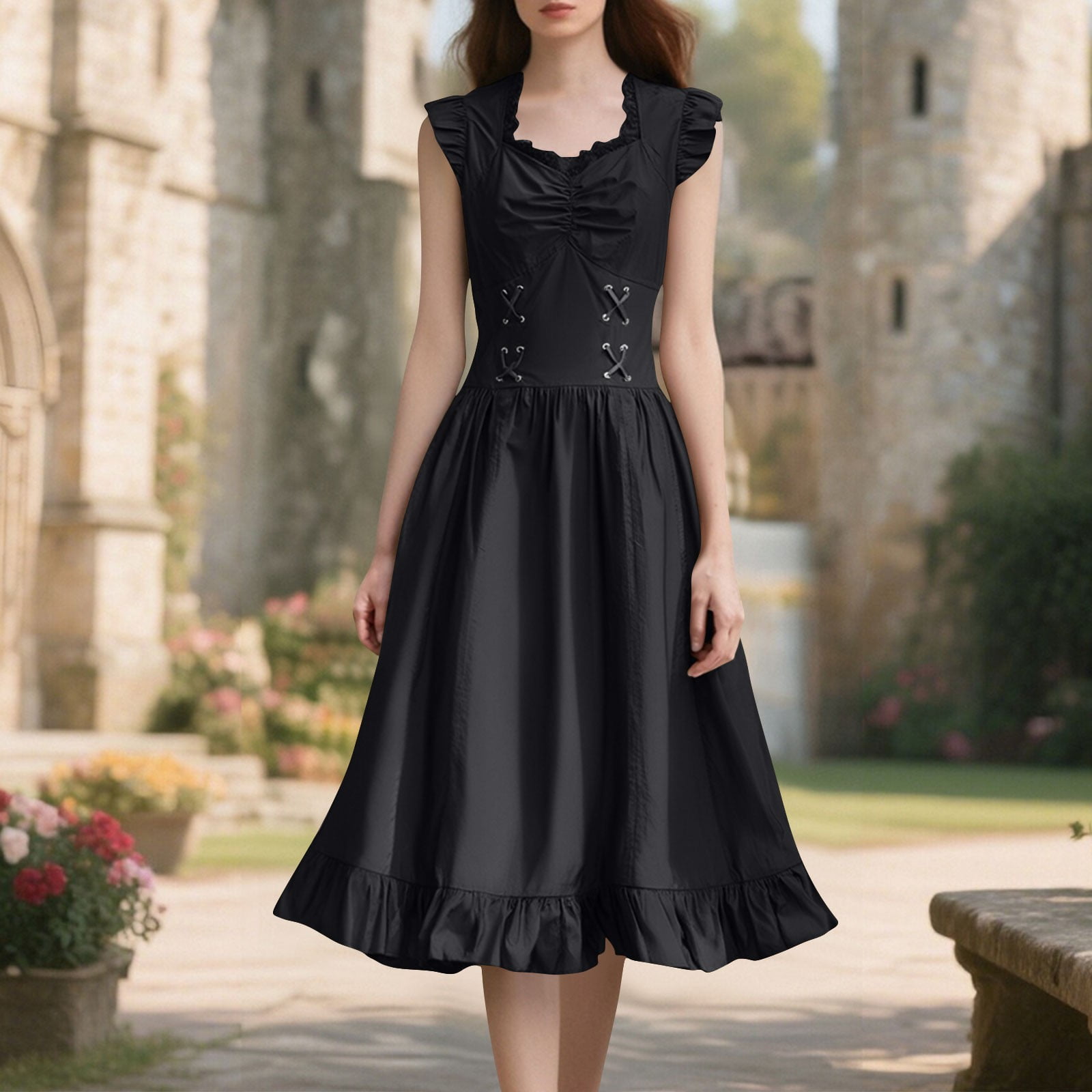 DUMUIELD Renaissance Costume Women Sleeveless Dress Vintage Medieval ...