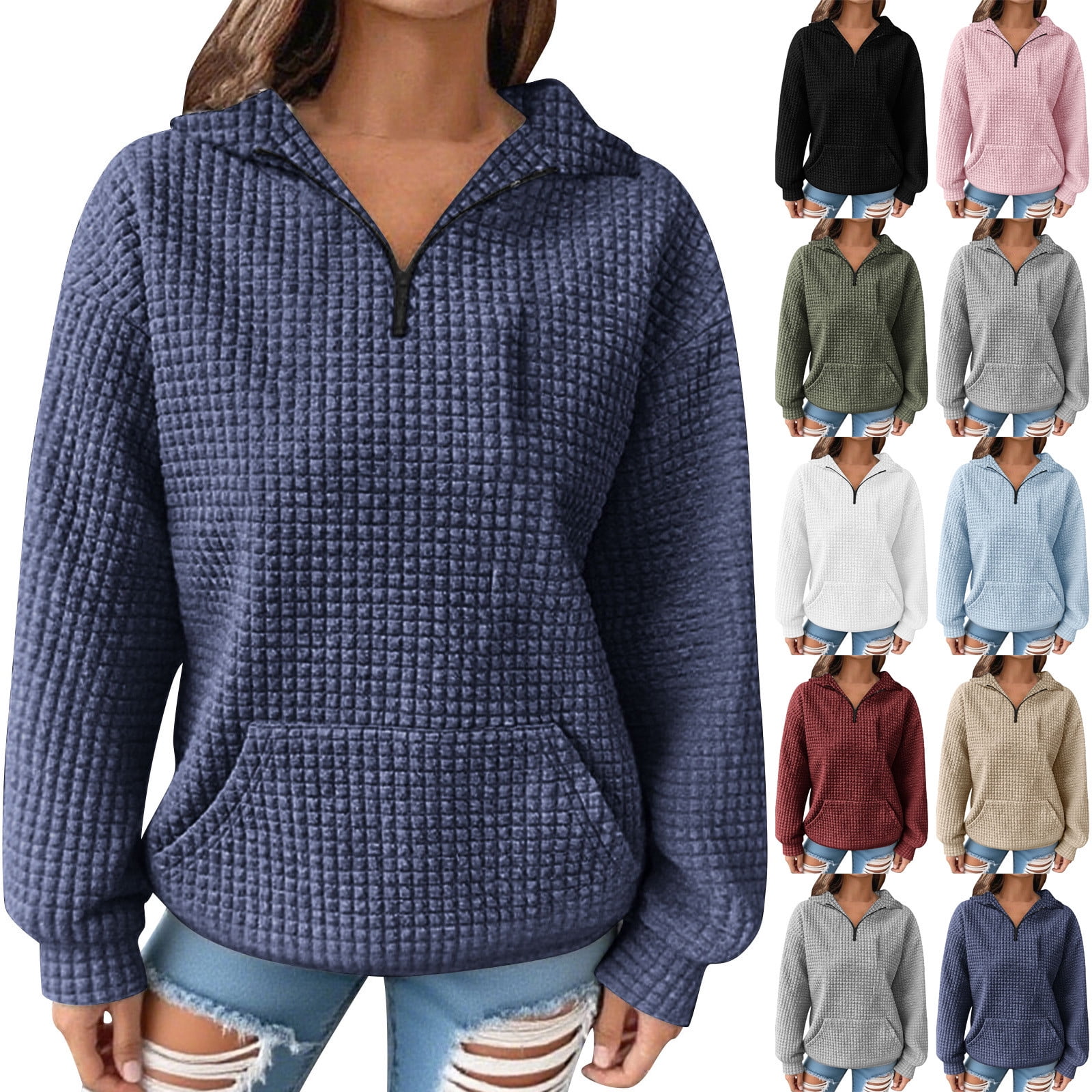 DUMUIELD Waffle Knit Womens Sweatshirts Quarter Half Zip Pullover ...