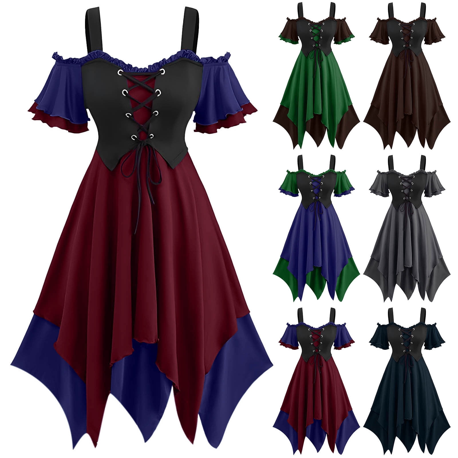 DUMUIELD Women Medieval Renaissance Costume Dress Colorblock Patchwork ...
