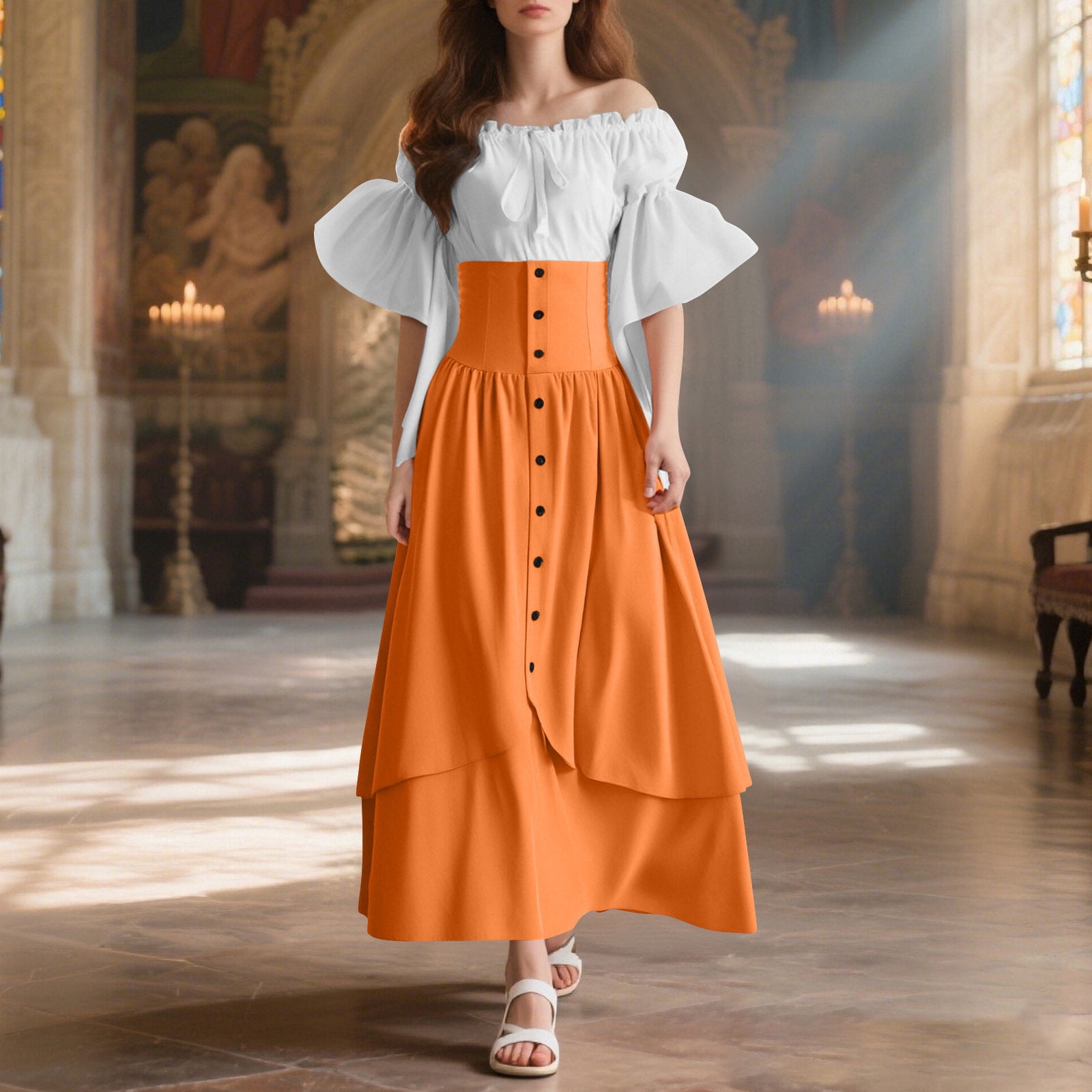 DUMUIELD Women Renaissance Costume High Waisted Medieval Victorian ...