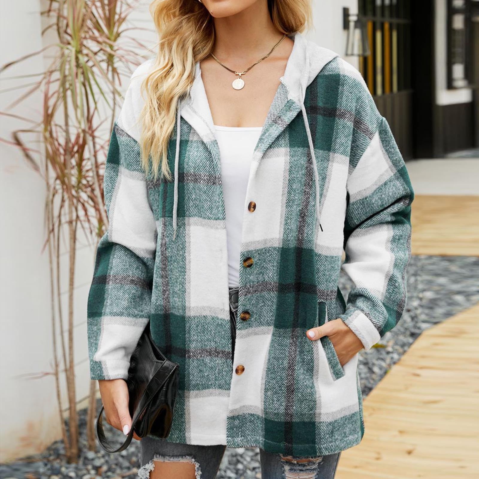 DUMUIELD Women Woolen Shacket Jacket Trendy Plaid Button Down Long ...