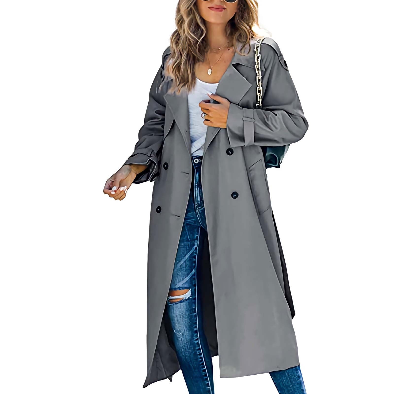 DUMUIELD Women's Double Breasted Long Trench Coat Windproof Classic Lapel Overcoat Slim ...
