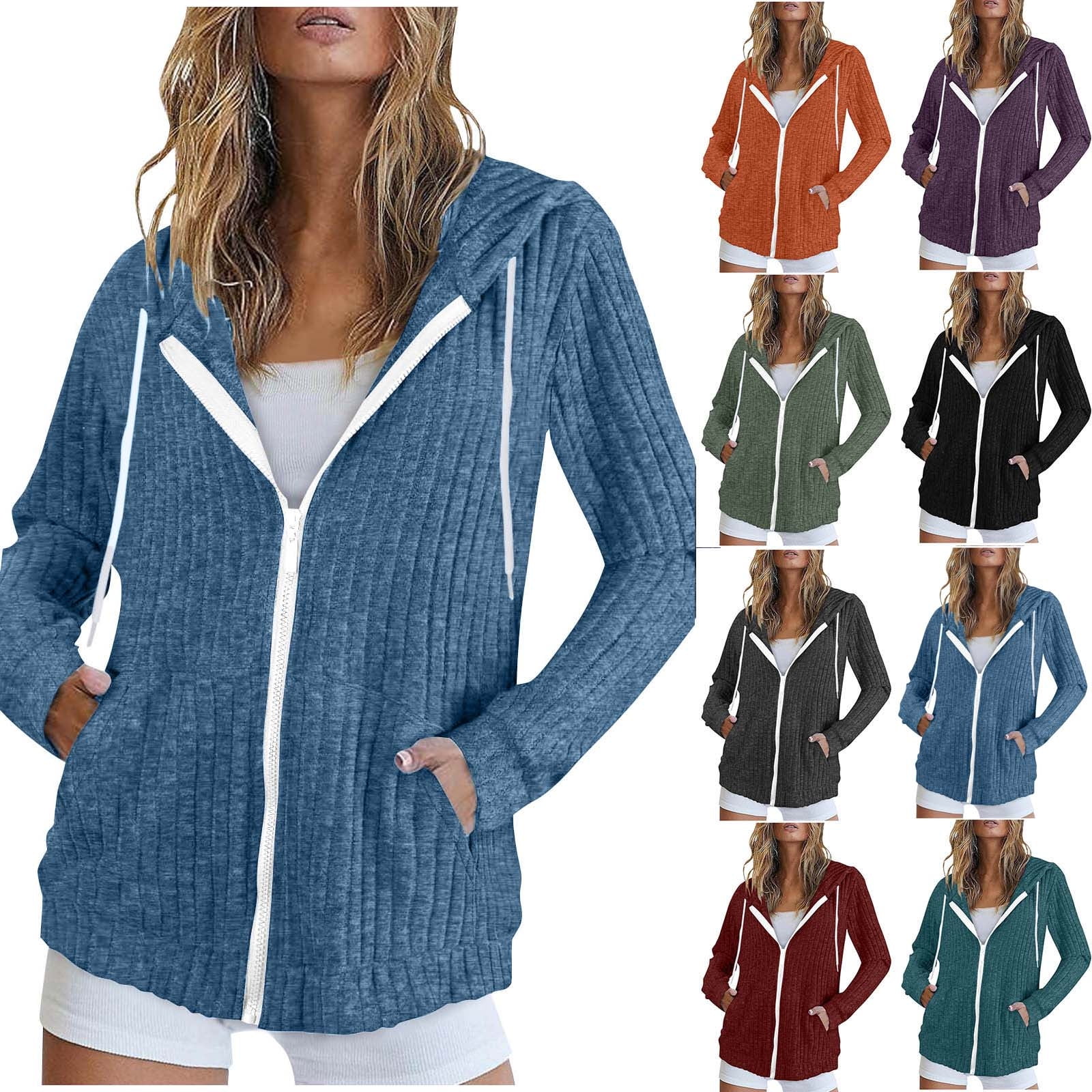DUMUIELD Women's Full Zip Up Hoodie Ribbed Knit Long Sleeve Hooded ...