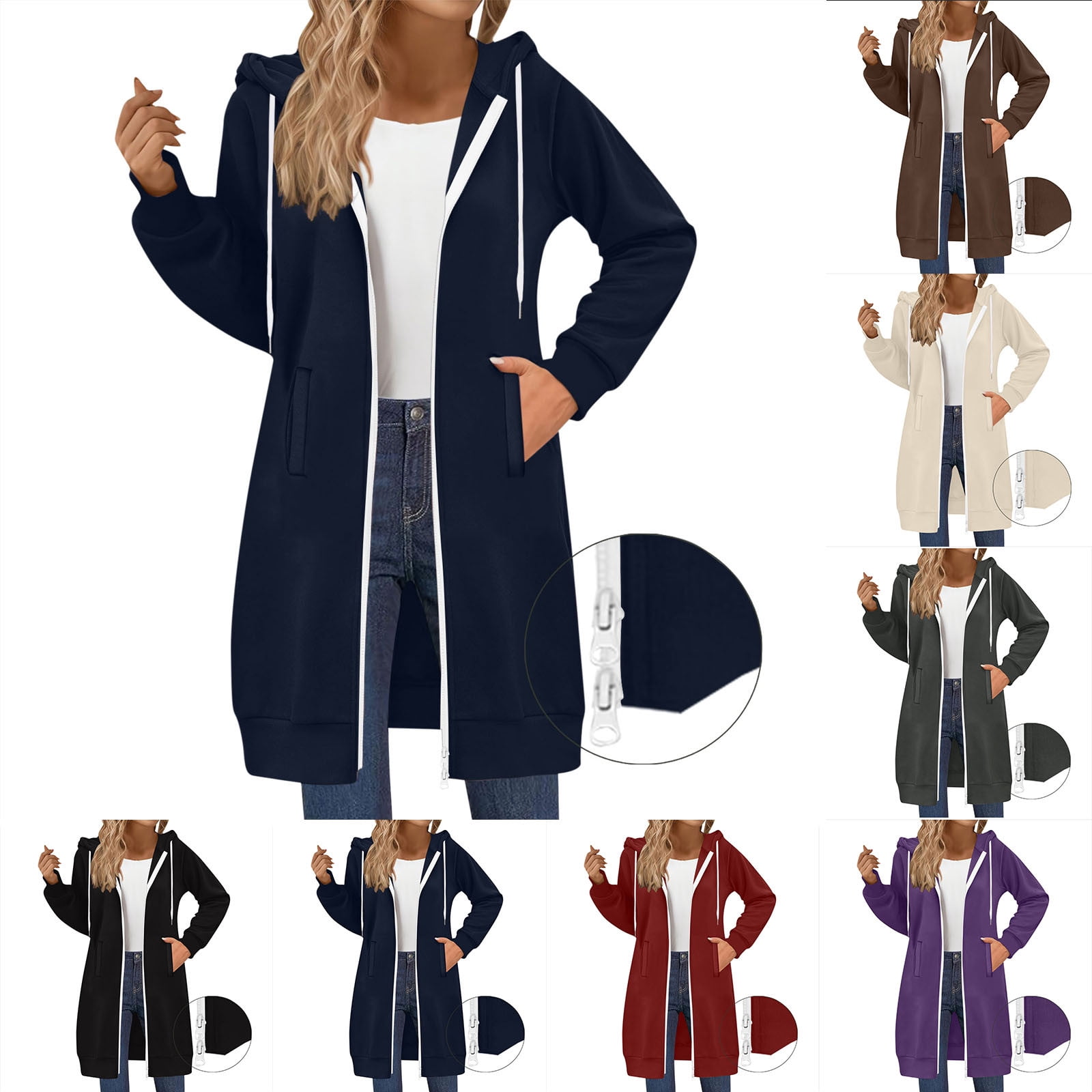 DUMUIELD Women's Full Zip Up Hoodies Long Sleeve Long Tunic Sweatshirts ...