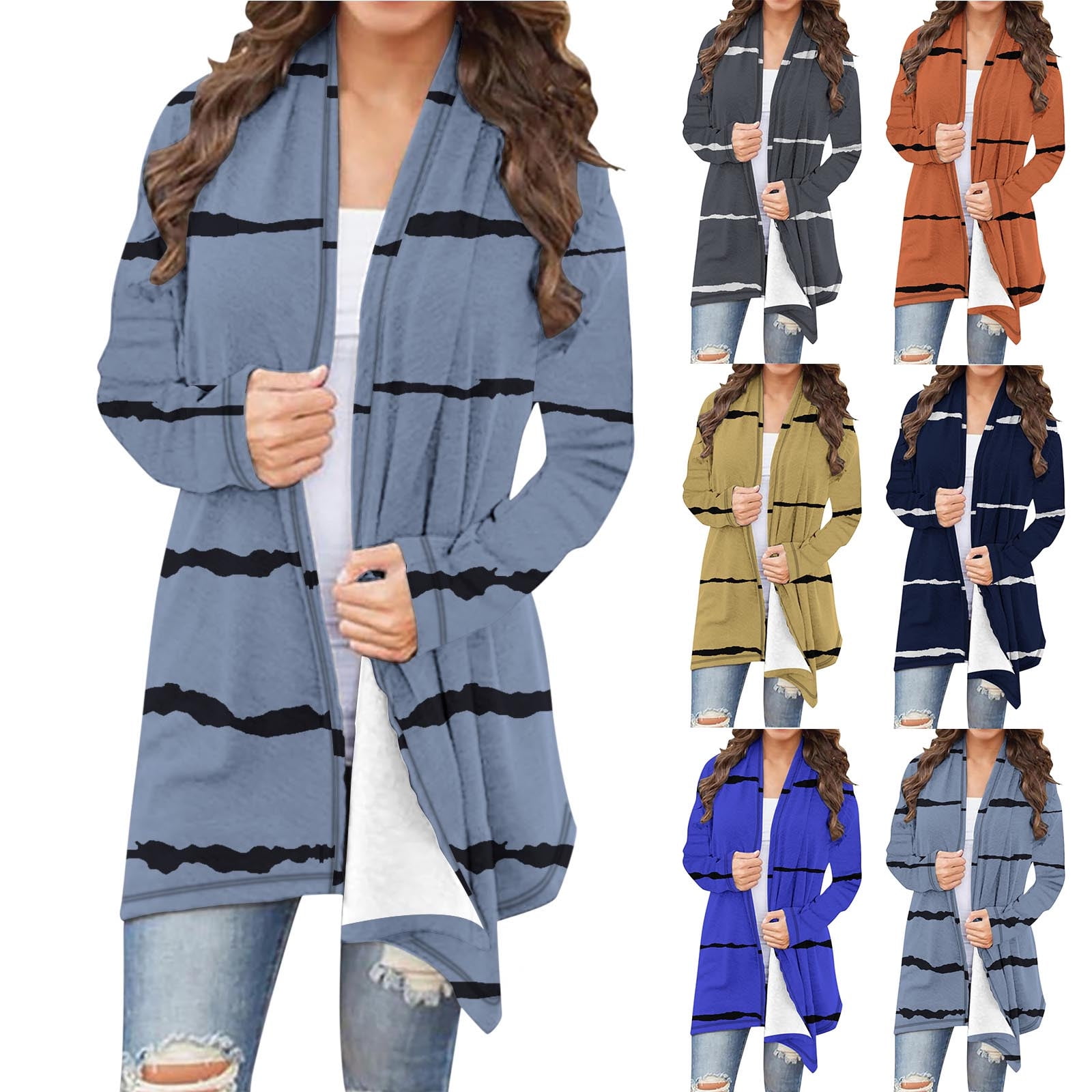 DUMUIELD Womens Open Front Long Cardigan 2025 Striped Print Fall Casual ...