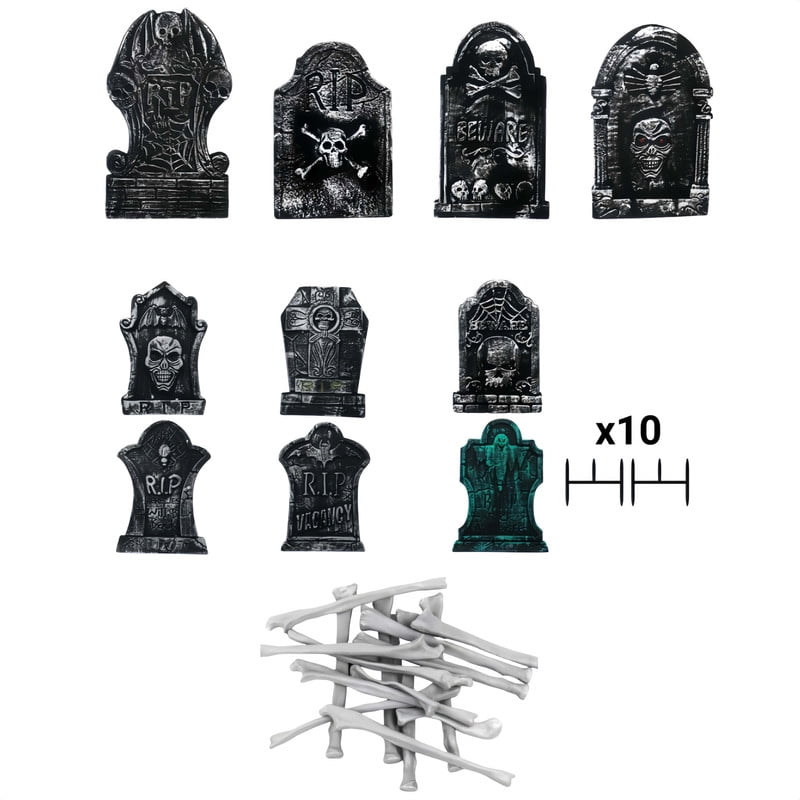 DUNCHATY 10-Pack Gothic RIP Grave Markers + 15-Pack Posable Skeleton ...