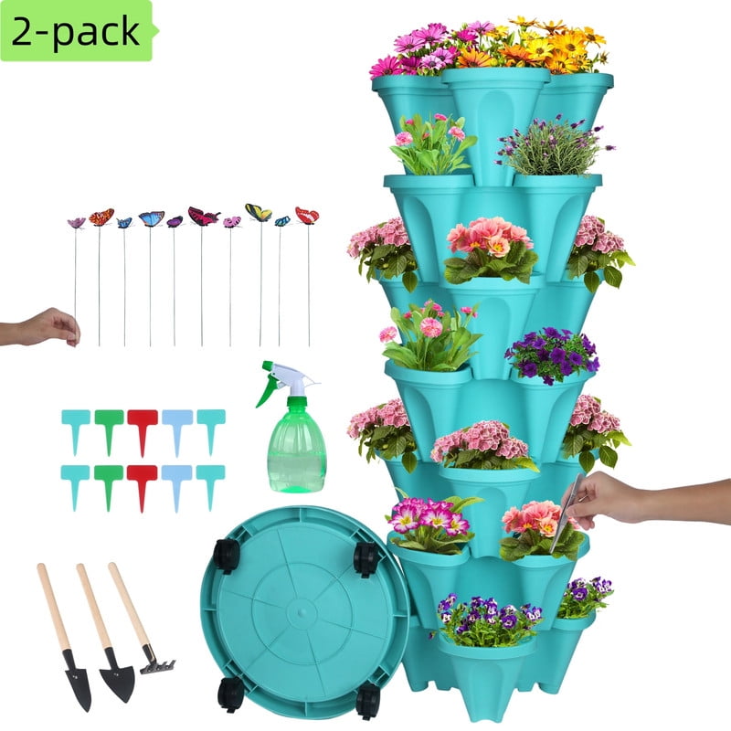 DUNCHATY 2 Pack 7-Tier Stackable Vertical Planter Tower with Removable ...