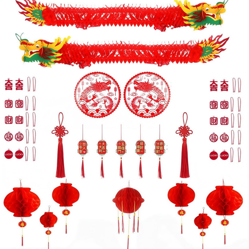 DUNCHATY 38 Pcs 3D Chinese Dragon Garland & Lantern Set - 50in Hanging ...