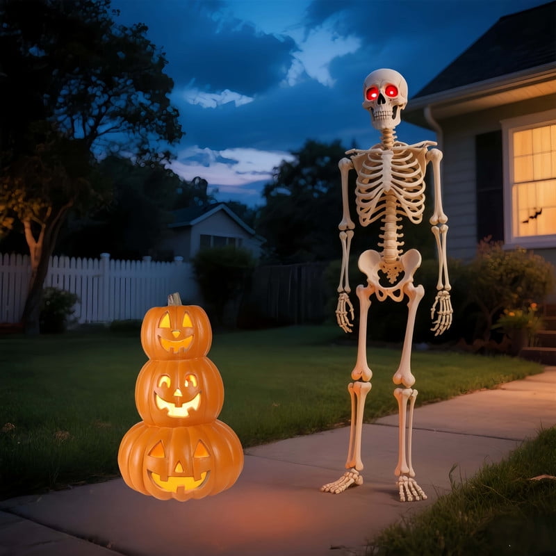 DUNCHATY 3FT Animated Halloween LED Skeleton & 14" Pumpkin Lantern Set ...