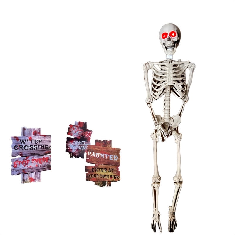 DUNCHATY 5.5ft Animated Skeleton with LED + 3 Warning Signs, Spooky ...