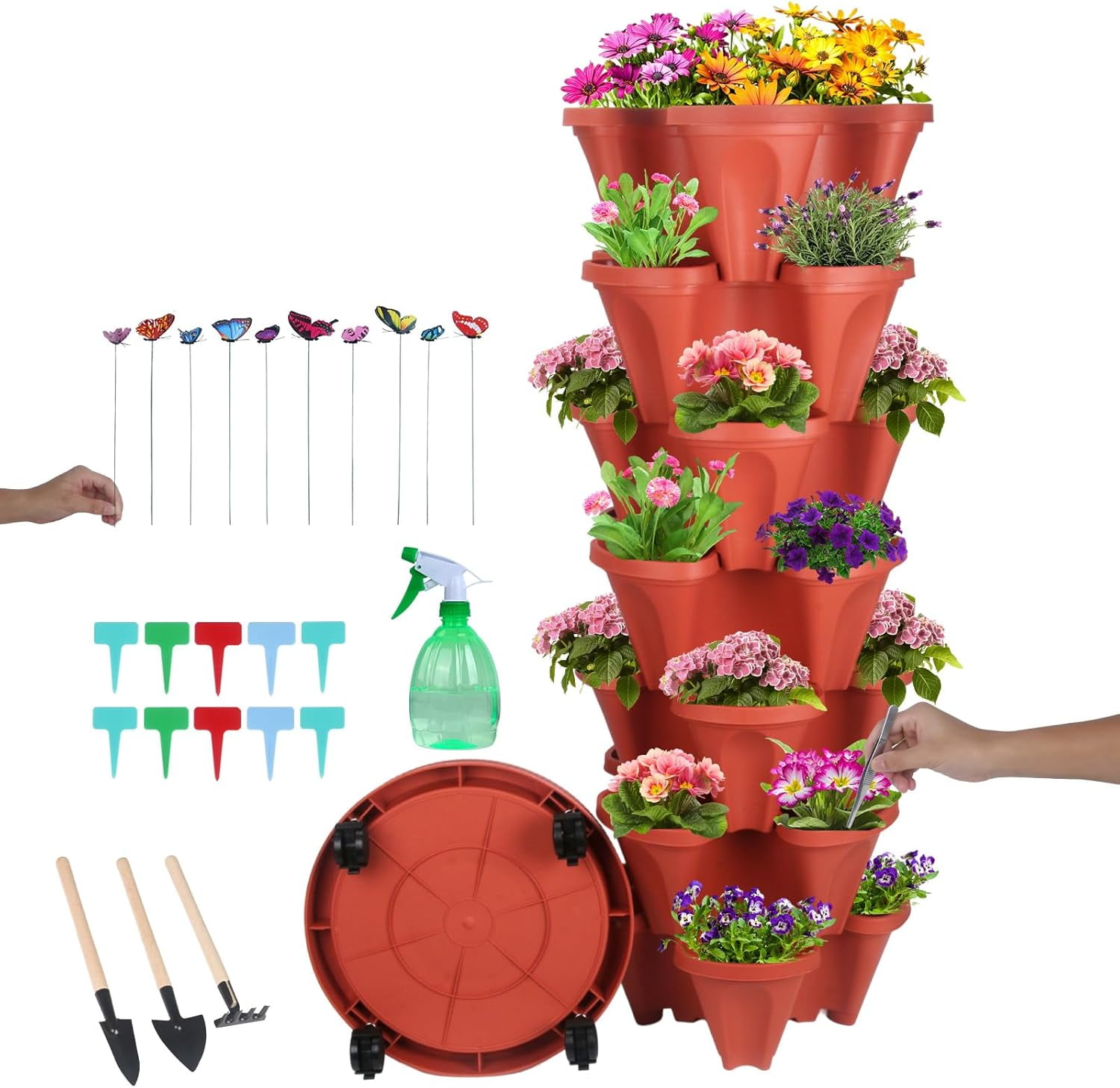 DUNCHATY Stackable Planter Vertical Strawberry Planter with Garen Tool Set Self Watering Garden ...