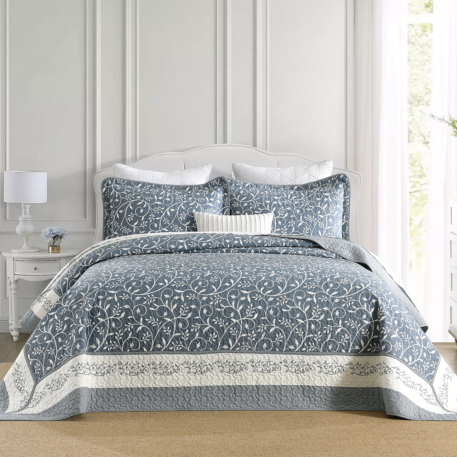 DUOHONG Queen Bedspread 100% Cotton Farmhouse Reversible Bedding Set, Slate Blue/Off White, 102 ...