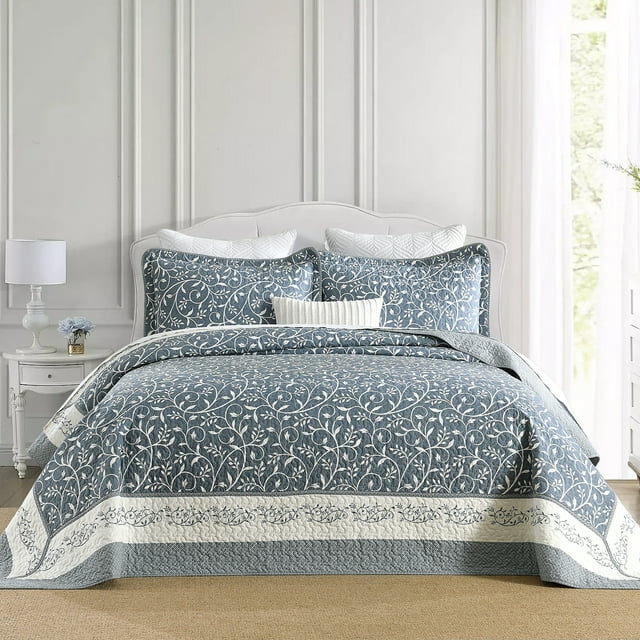 DUOHONG Queen Bedspread 100% Cotton Farmhouse Reversible Bedding Set, Slate Blue/Off White, 102 ...