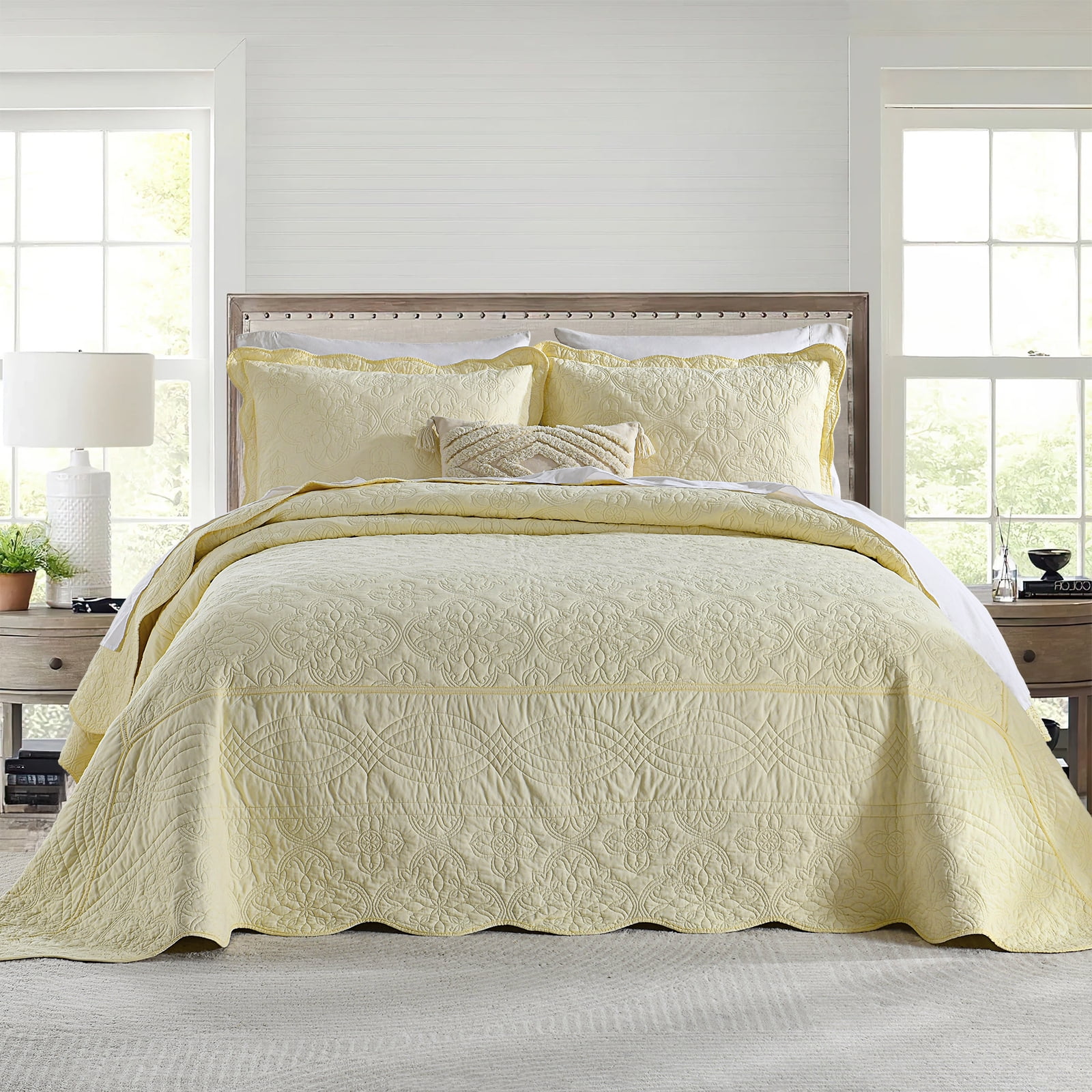 DUOHONG Queen Bedspread 102"W x 120"L - 100% Cotton Lightweight Quilt with 2 Pillow Shams, Ivory ...