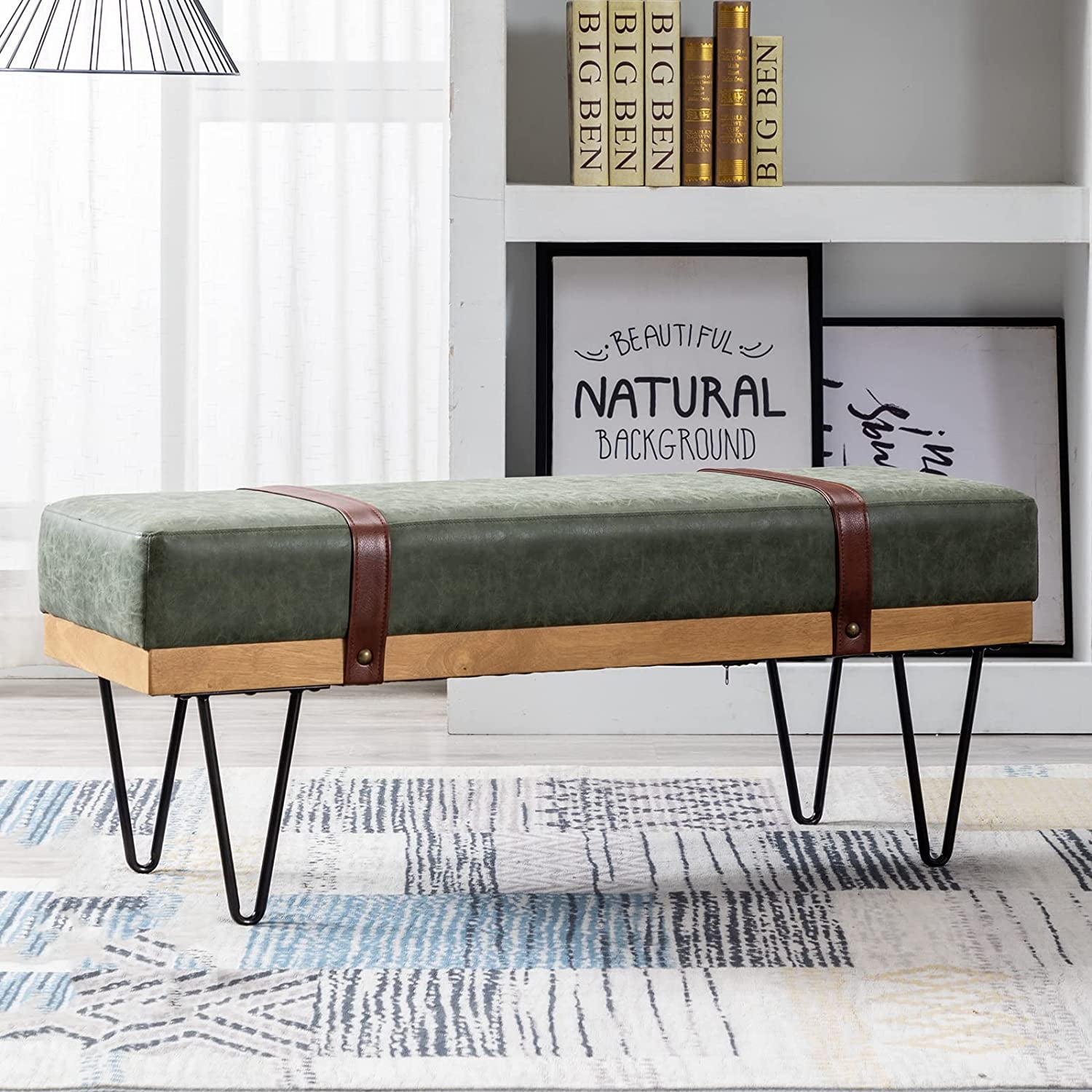DUOMAY Industrial Modern PU Rectangle Ottoman Bench with PU Strap and ...