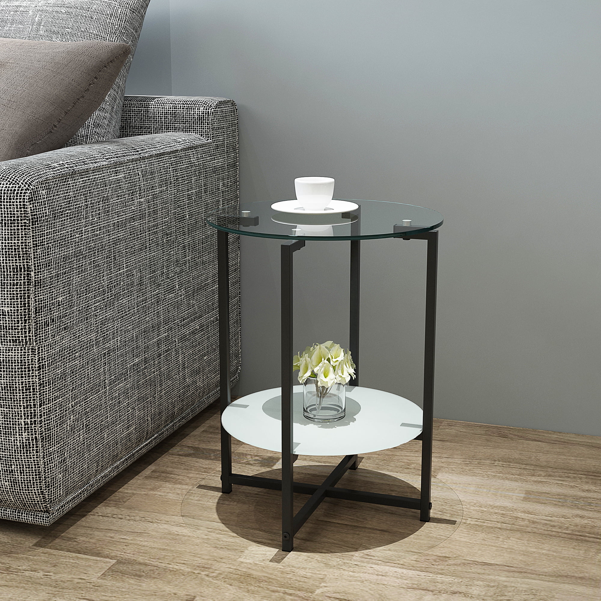 Coffee Tables 2-layer Tempered Glass End Table, Round Coffee Table for ...