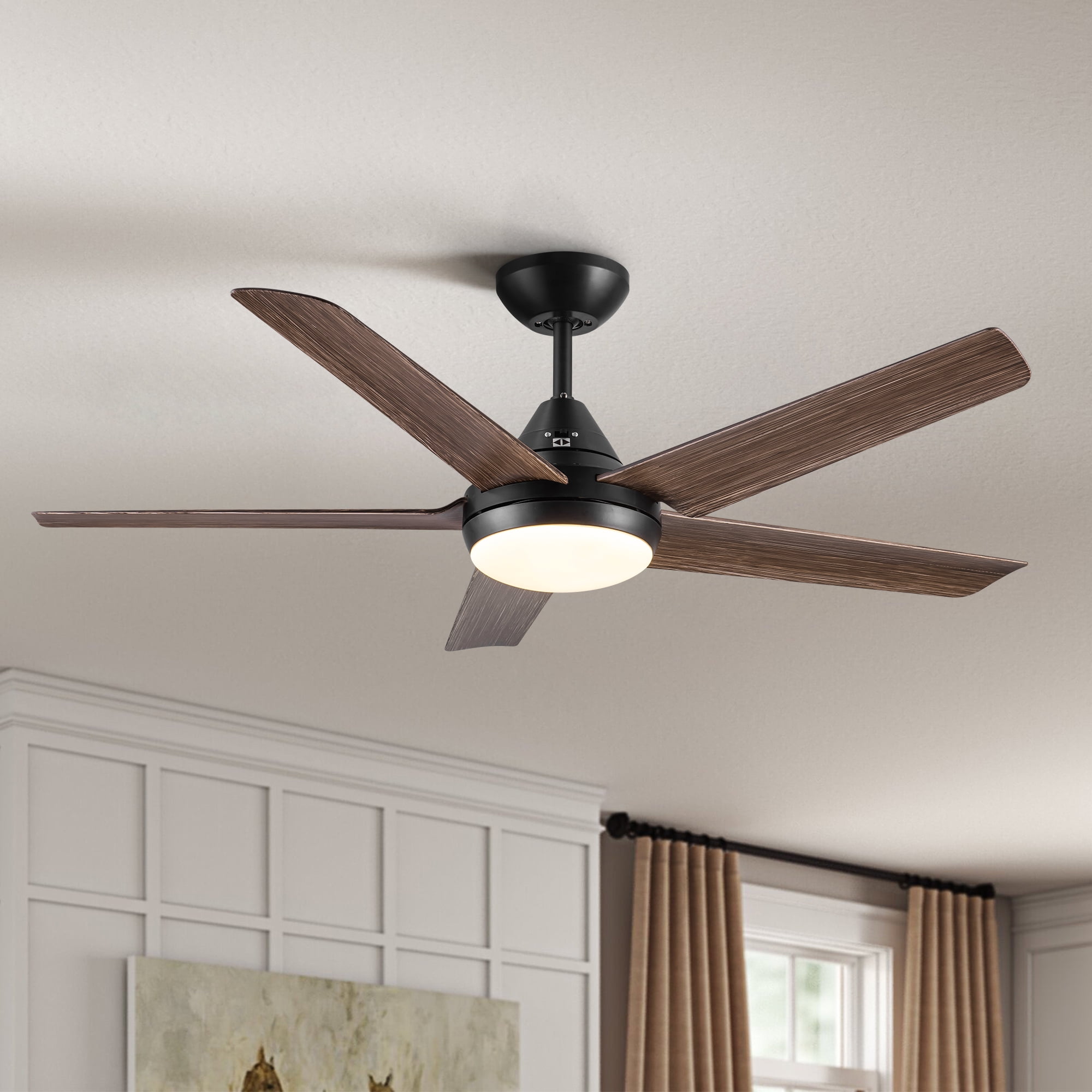 48" Ceiling Fan with Led Light - Matte Black Modern Fan with Brown Wood ...