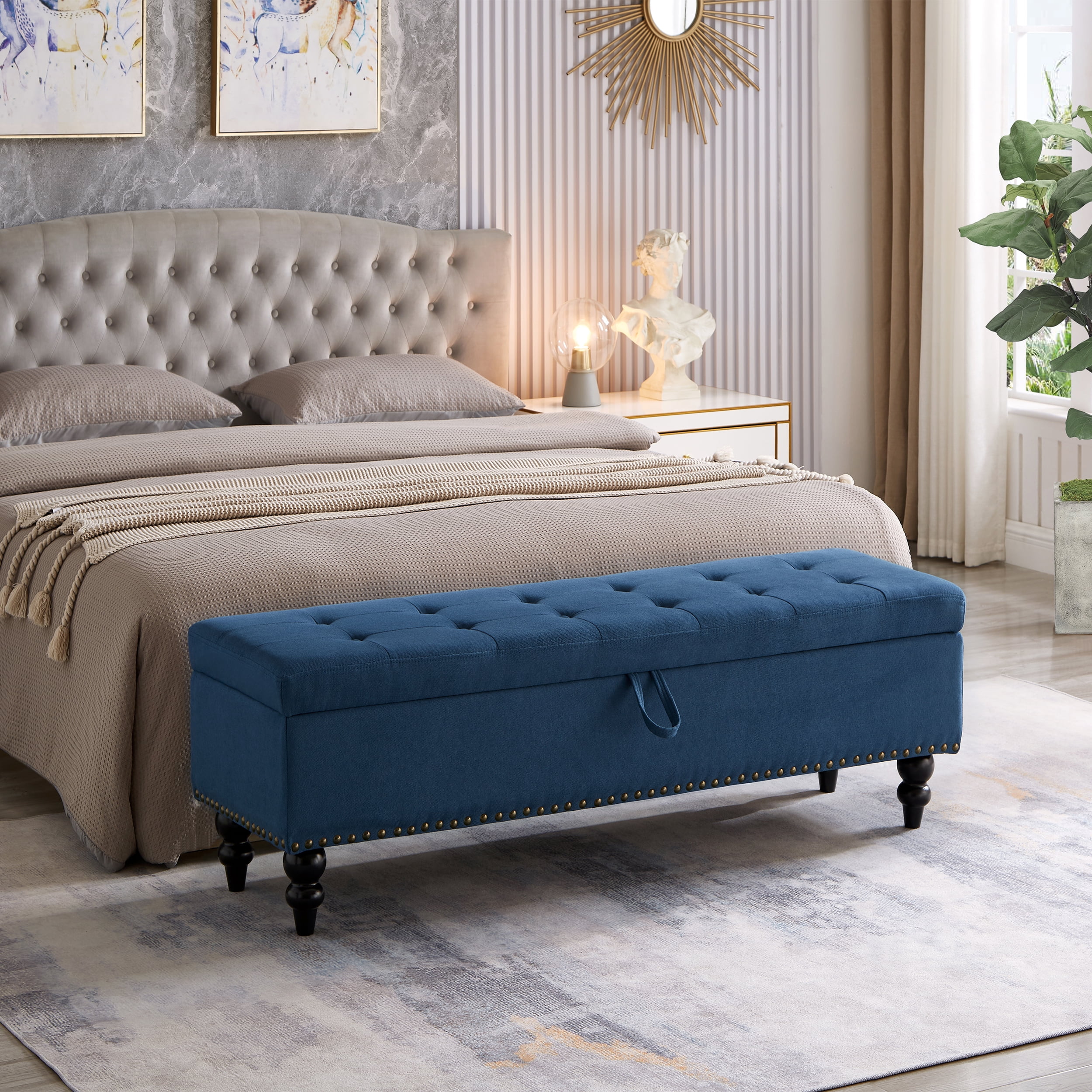 DUOSONG 59" Bed Bench With Storage Blue Fabric Blue Cotton Linen ...