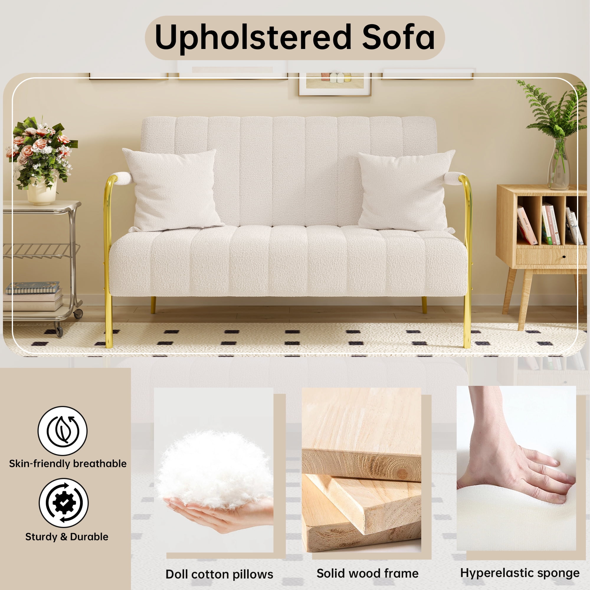 DUOSONG 59 Inch Beige Sofa Teddy Fleece, Two Throw Pillows, Suitable For Living Room, Apartment ...