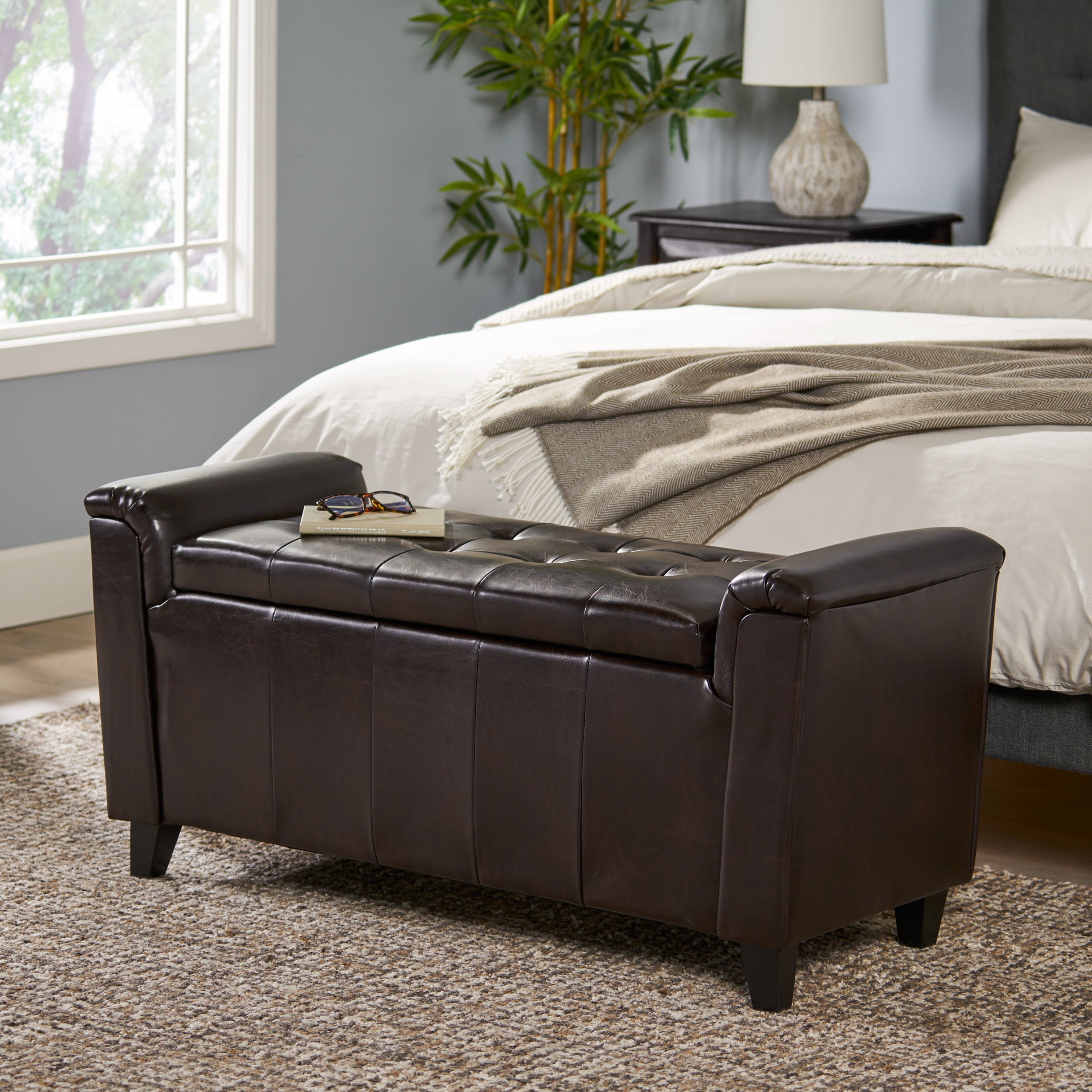 DUOSONG Alden Armed Storage Bench Brown PU Leather Furniture Primary ...