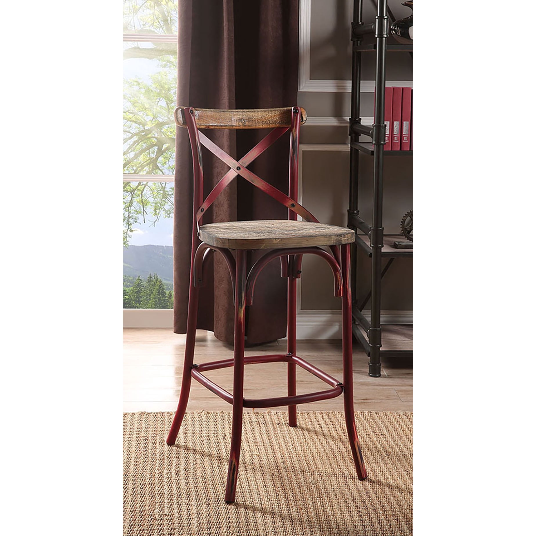 DUOSONG Antique Red And Antique Oak Bar Stool With Cross Back Oak Wood ...