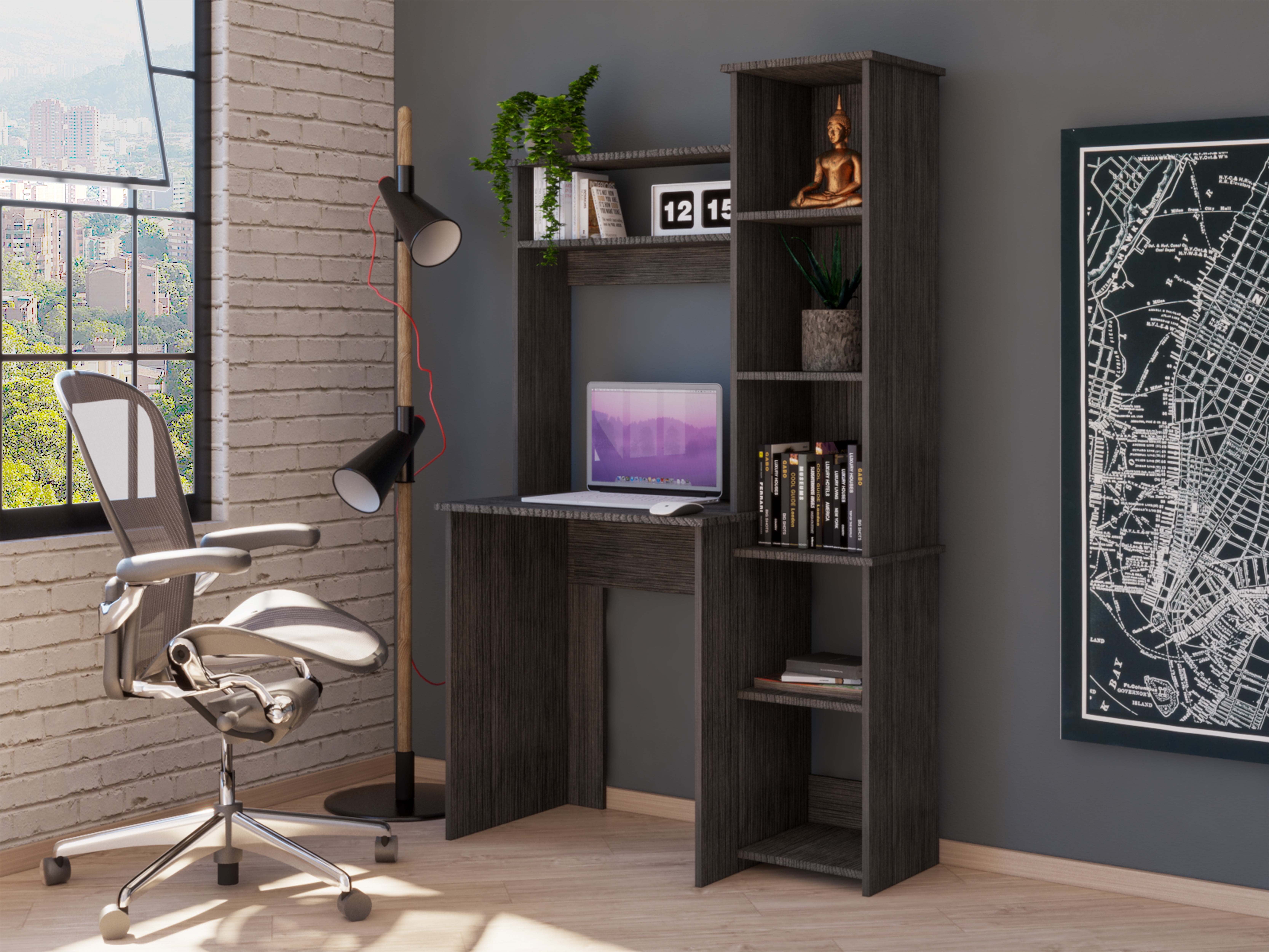 DUOSONG Aramis Desk, Five Shelves, Two Superior Shelves, Smokey Oak ...