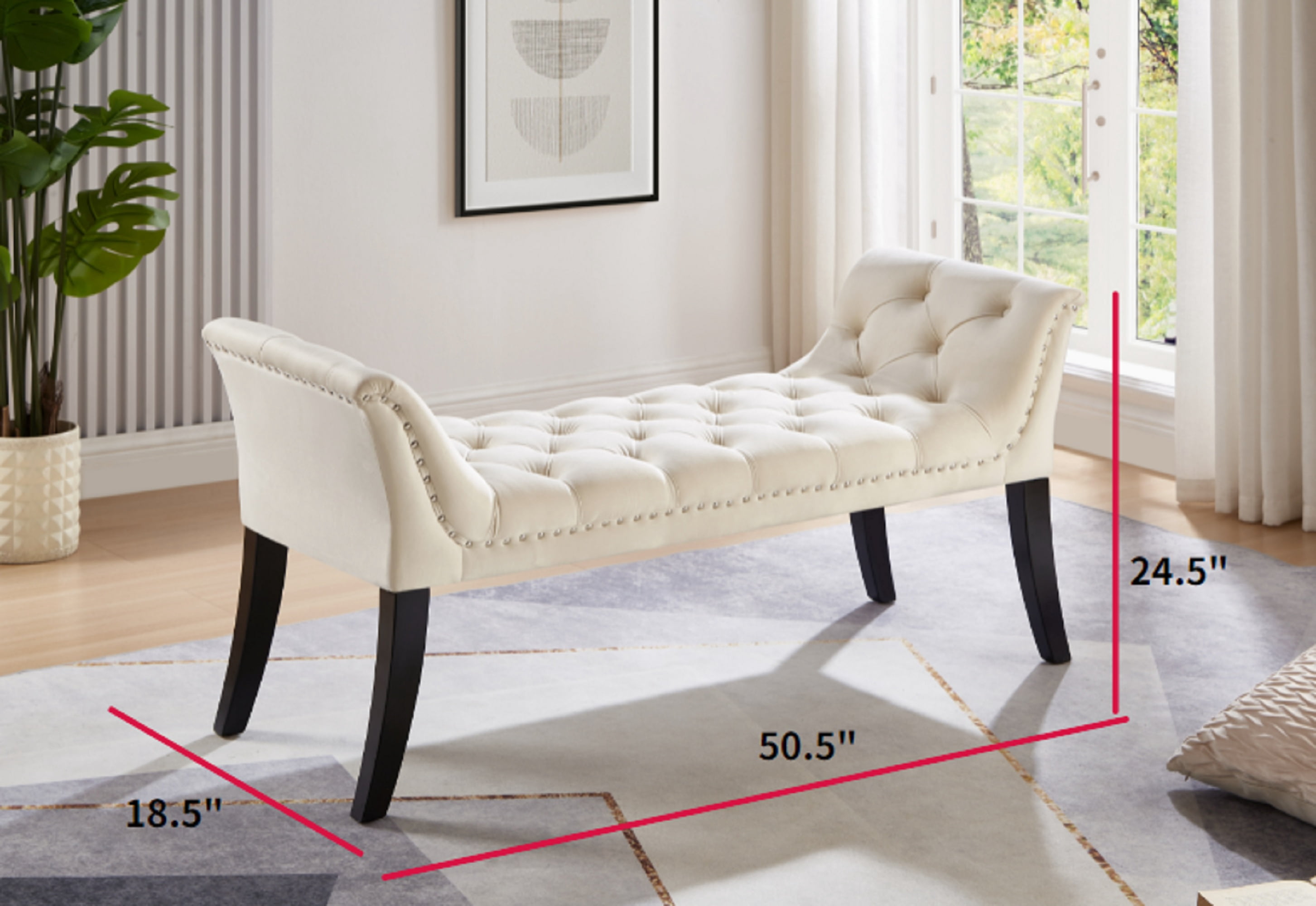 Bedroom Stool Armrest Button-Tufted Ottoman Bench, Upholstered Footrest ...