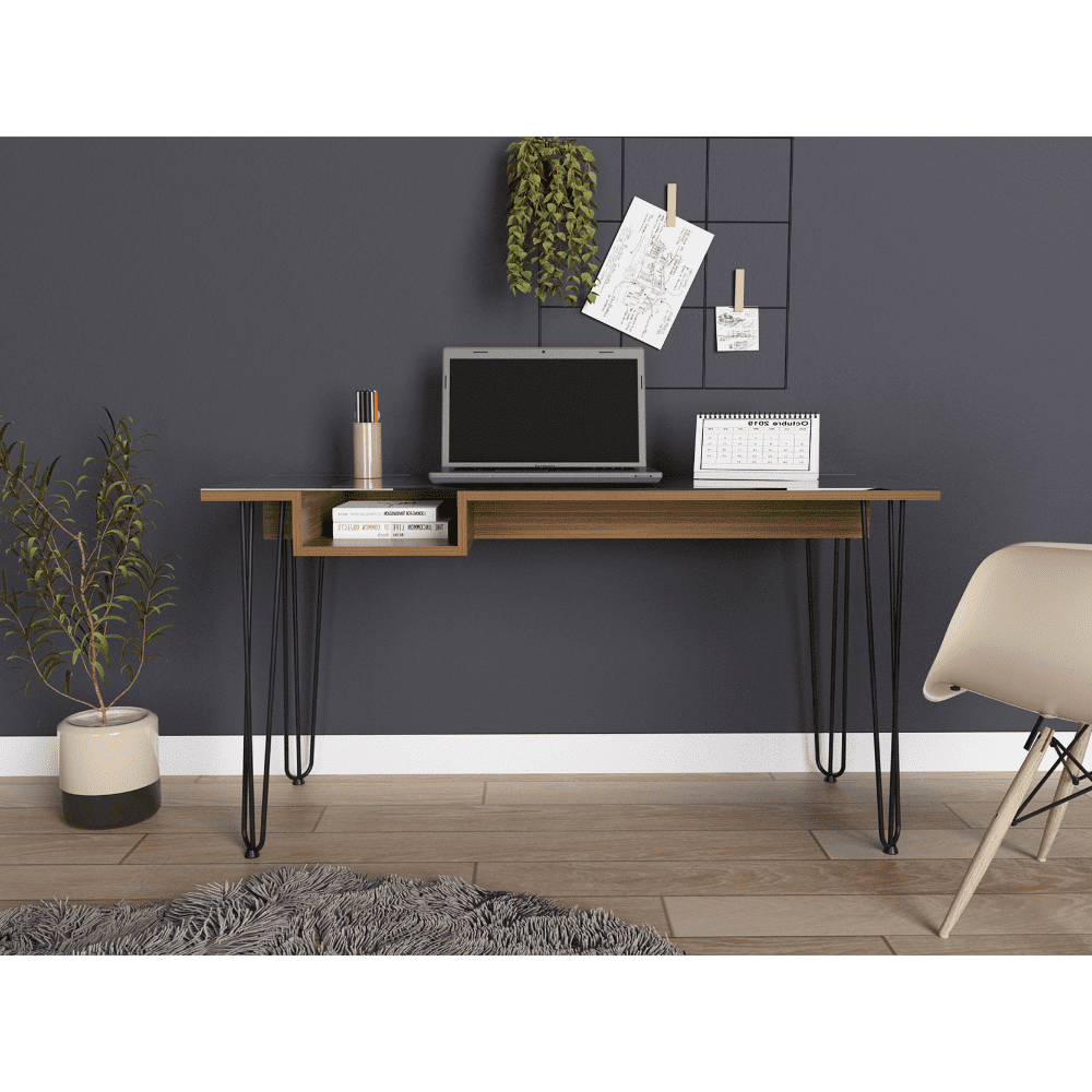 DUOSONG Baxter 140 Desk, One Shelf, Four Legs -Mahogany Brown Particle ...