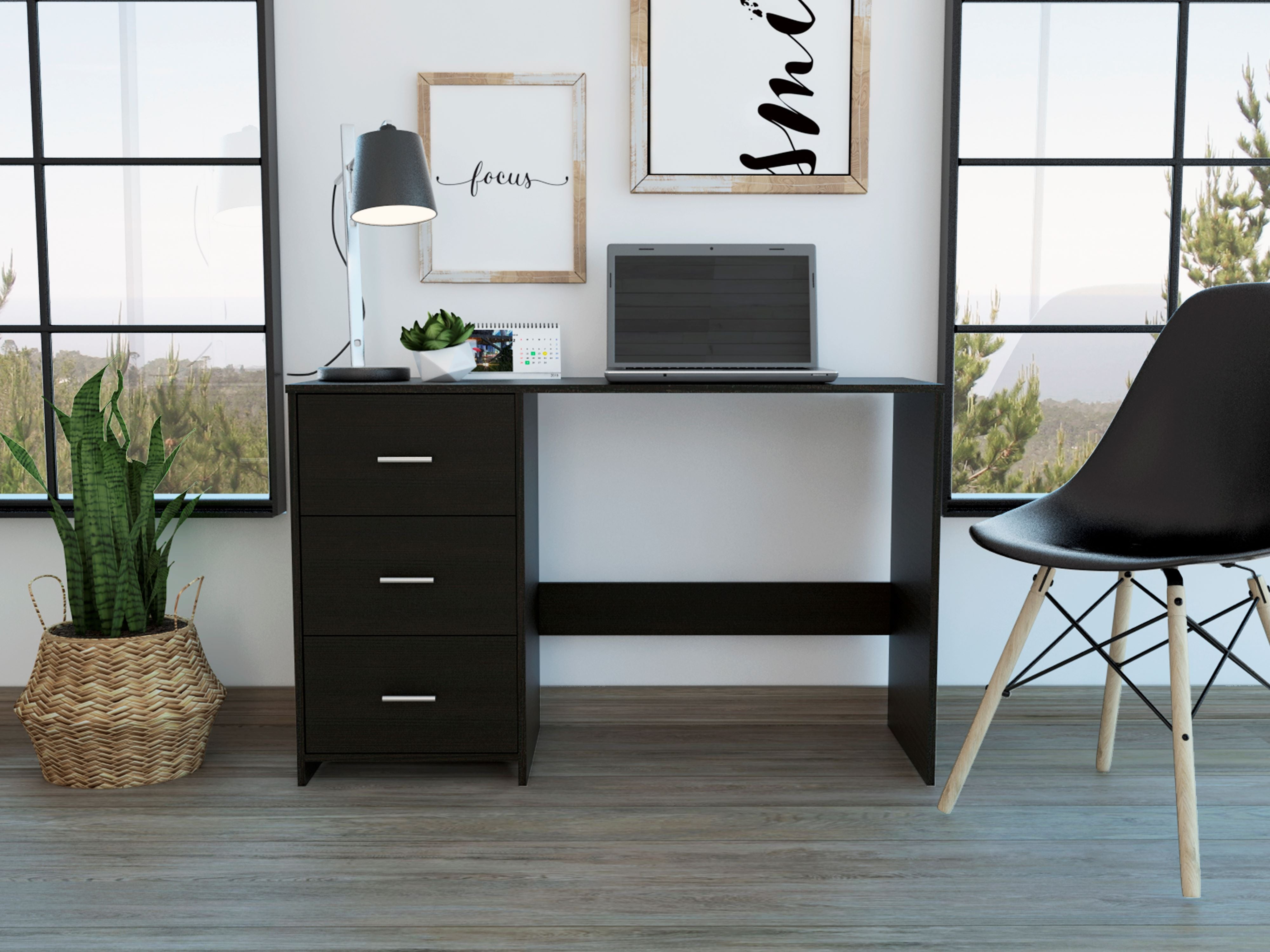 DUOSONG Berlin Three Drawers Desk Black Engineered Wood Furniture ...