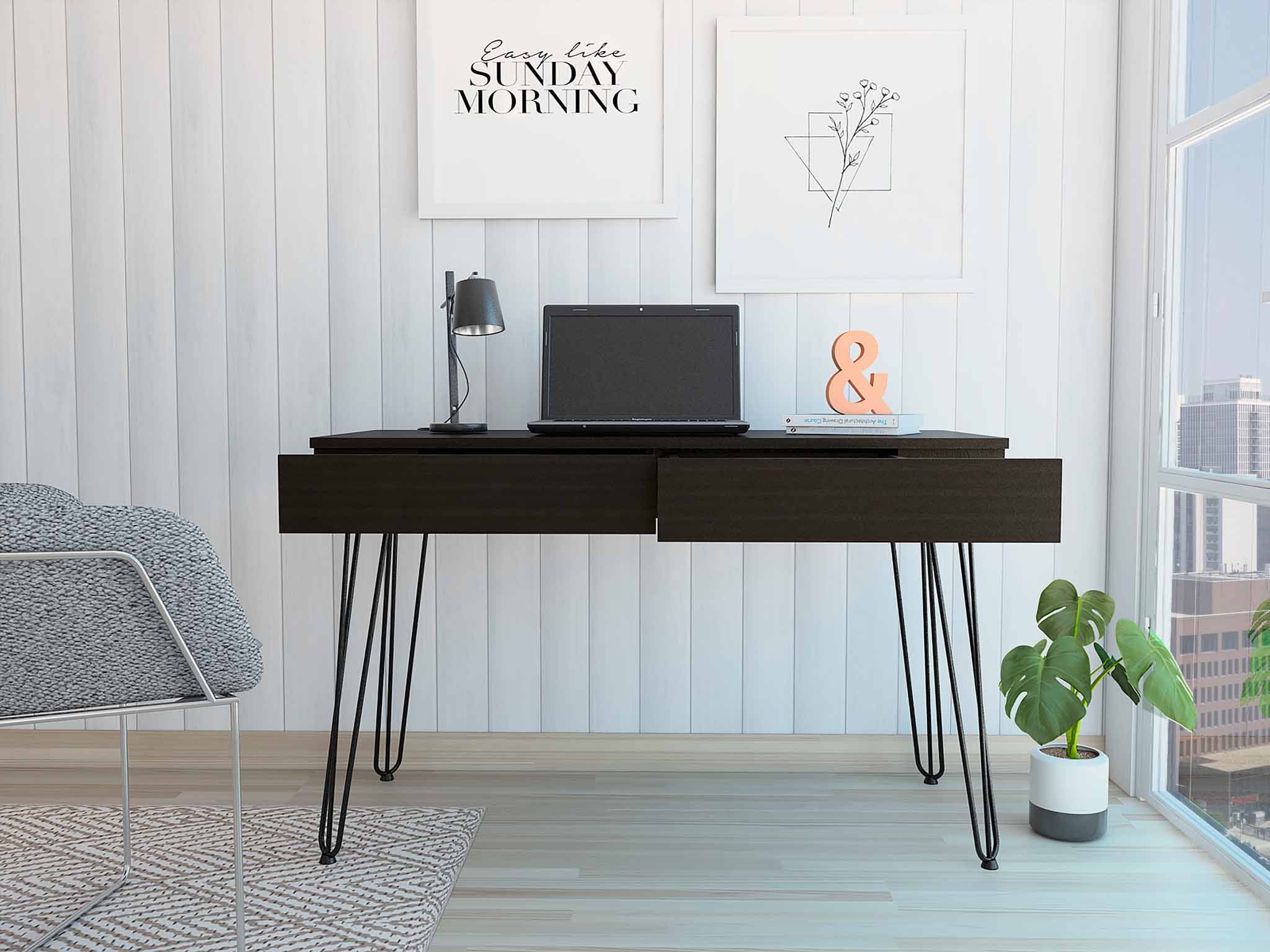 DUOSONG Black 2-Drawer Writing Desk With Hairpin Legs Black Engineered ...