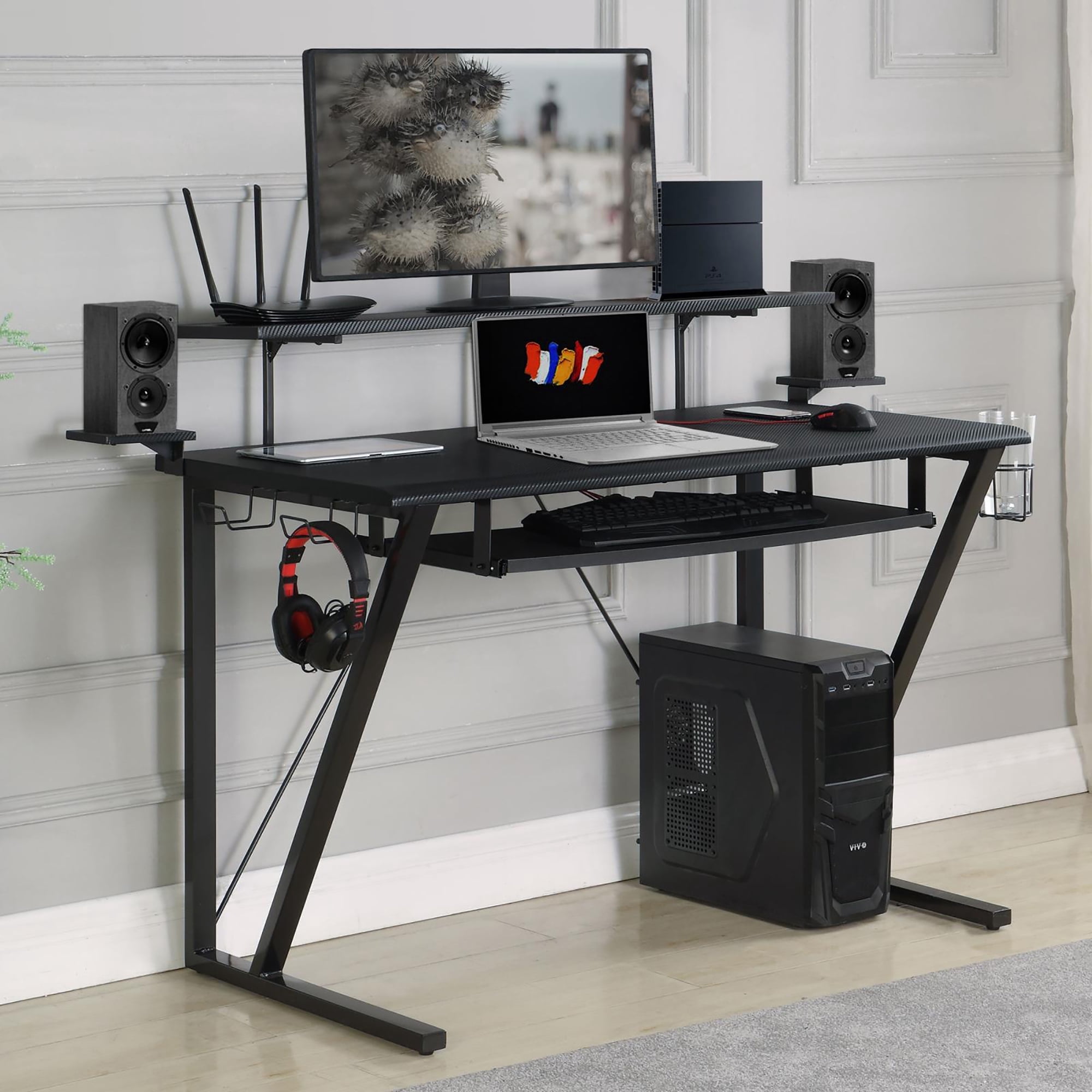 DUOSONG Black And Gunmetal Gaming Desk With Keyboard Tray Black Metal ...