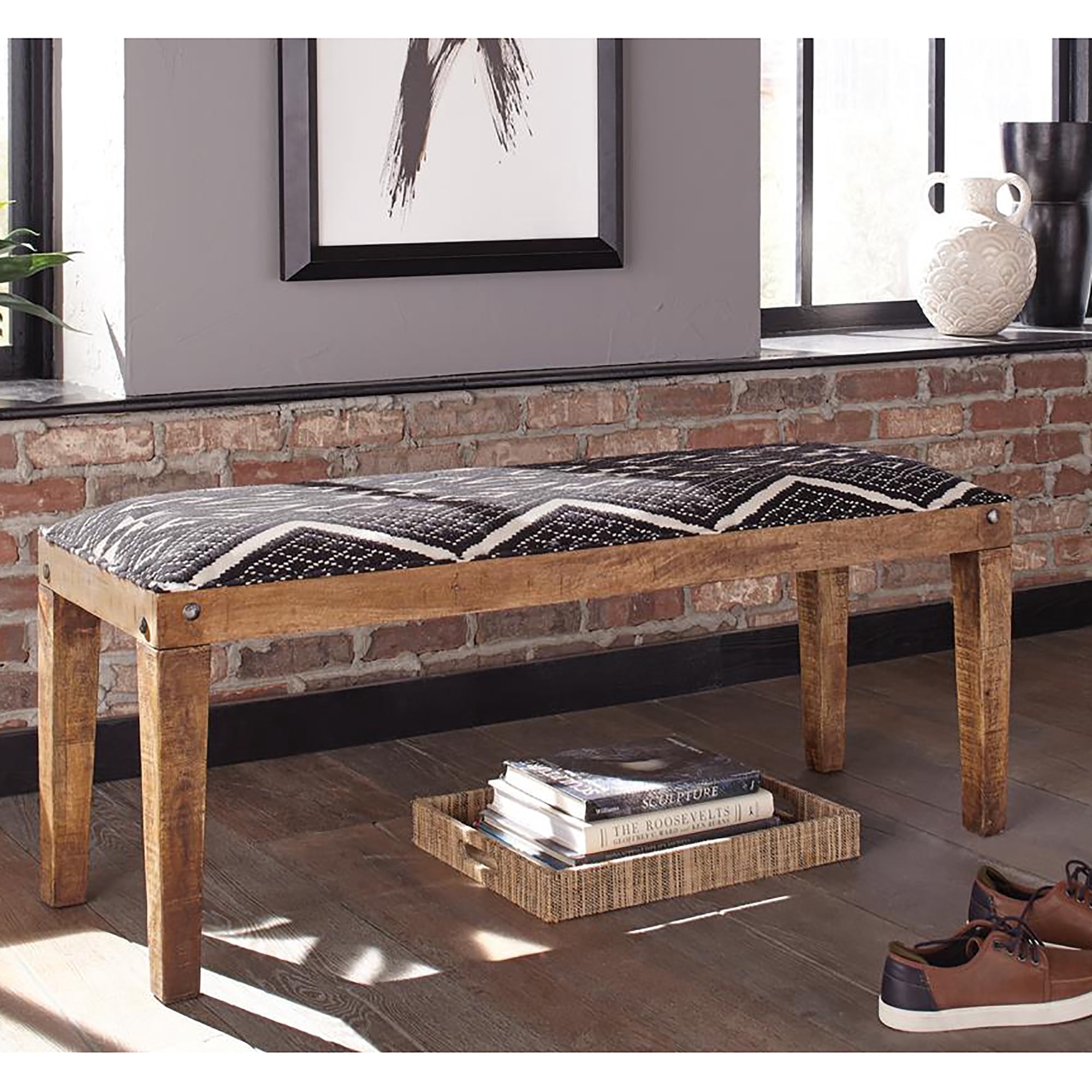 DUOSONG Black And White Upholstered Bench Black Fabric Furniture ...