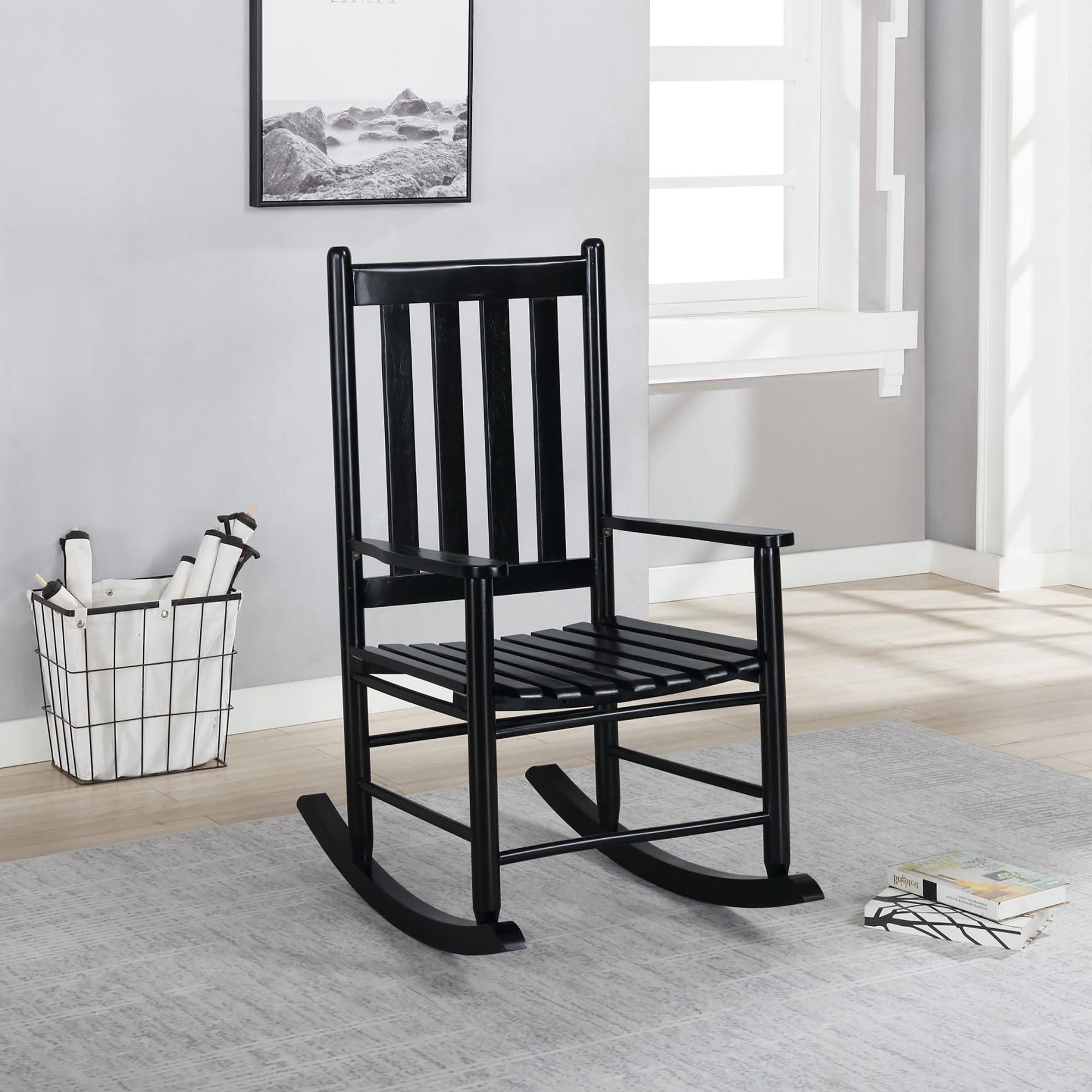 DUOSONG Black Slat Back Rocking Chair for Primary Living Space, Black ...