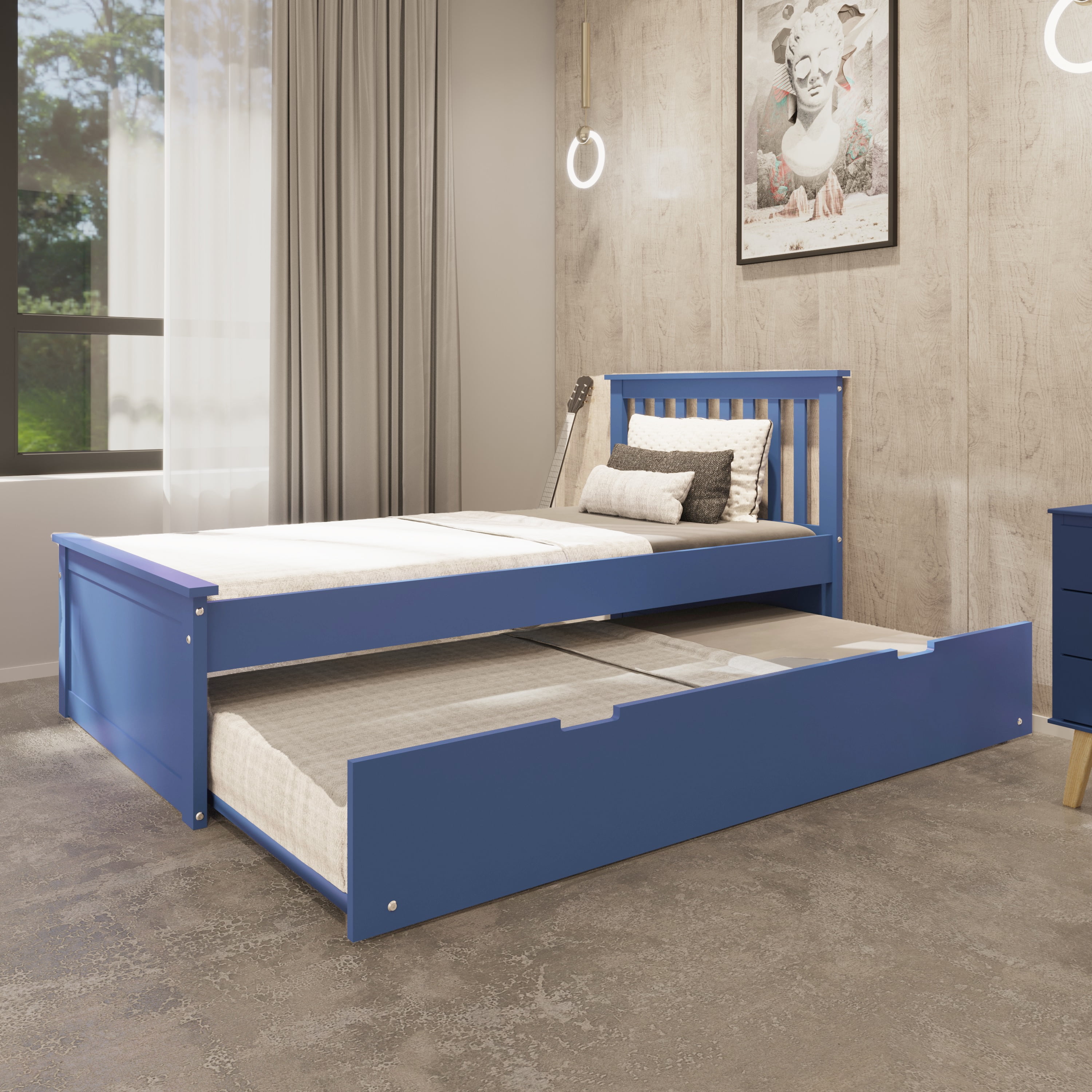 DUOSONG Blue Twin Trundle Bed, Heavy Duty Malibu Solid Wood Bed Frame ...